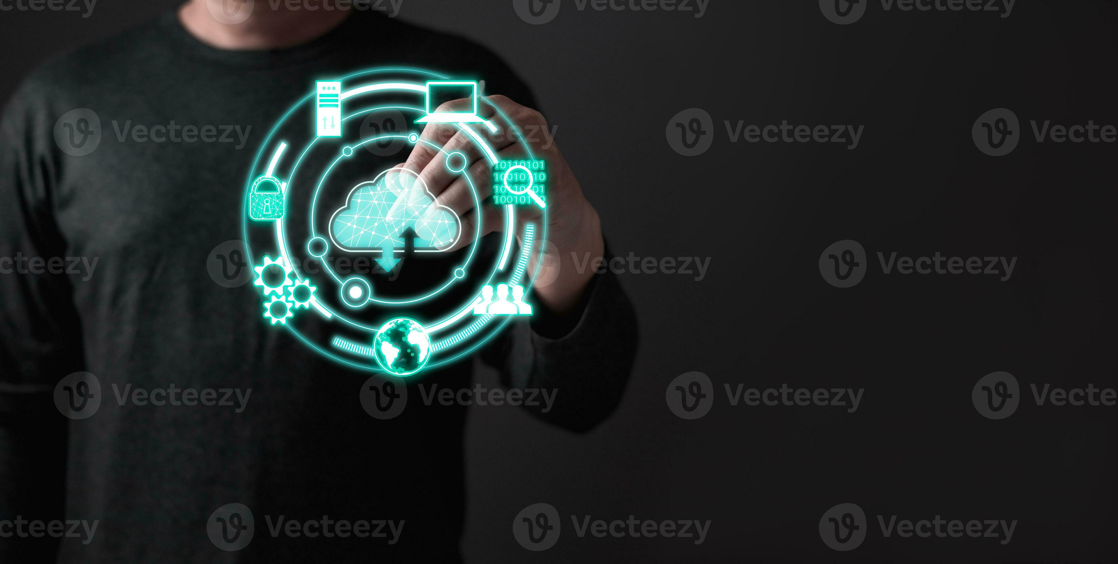 Man Touch Cloud Computing System Diagram Show On Hand Data Storage Digital Technology Network