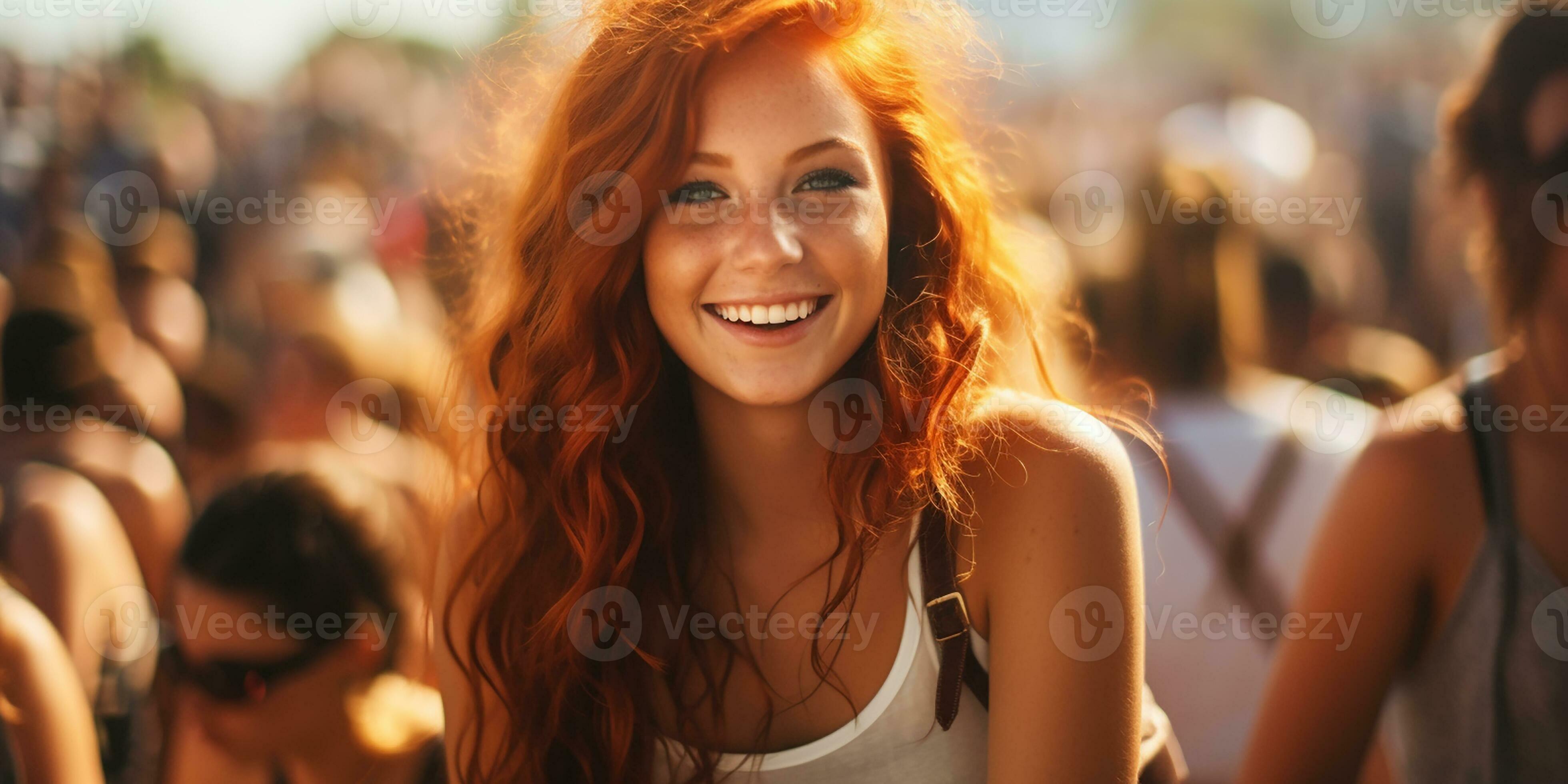 photorealistic image of a young red haire girl at a festival. smiling irish girl laughing and ...