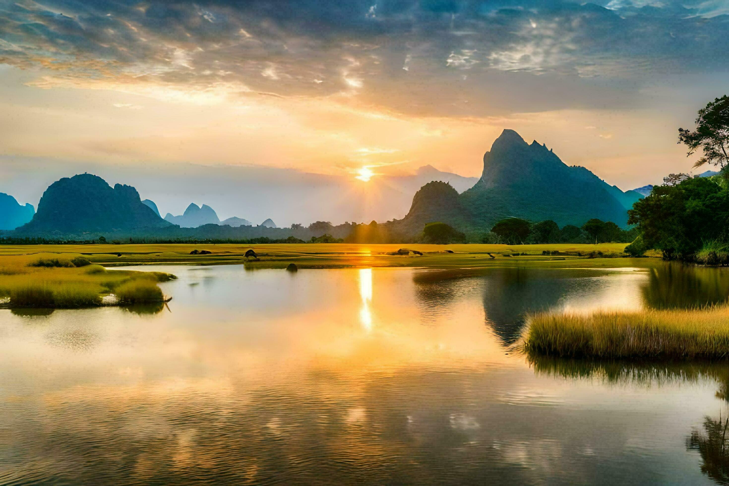 the sunrise over the li river in yangshuo, china. AI-Generated 30259176 Stock Photo at Vecteezy