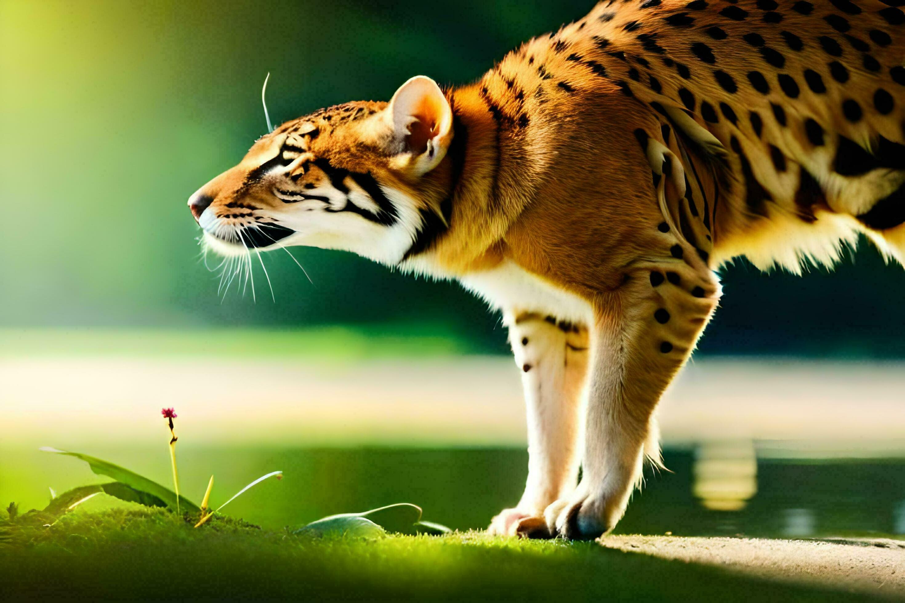 a leopard is standing on the grass near a pond. AI-Generated 30261918 Stock Photo at Vecteezy