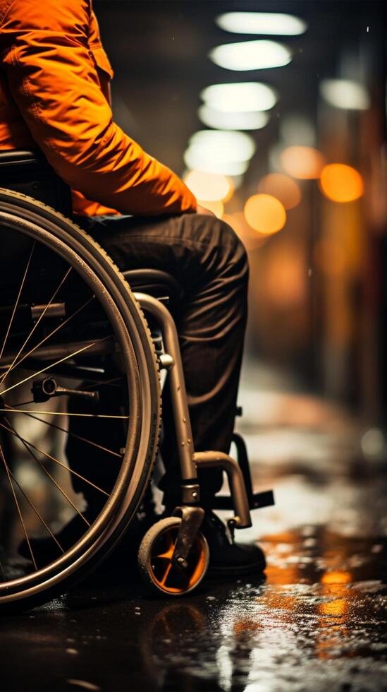 Close up view man in wheelchair holds wheels, depicting strength and ...