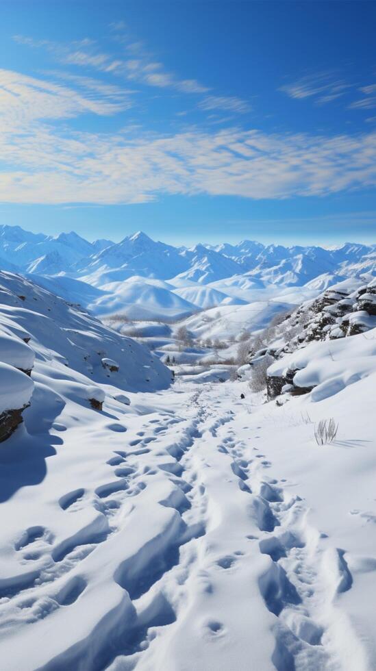 Hillside Journey Snow Covered Footprints Trace Human Climb Amid Serene Snowy Terrain Vertical