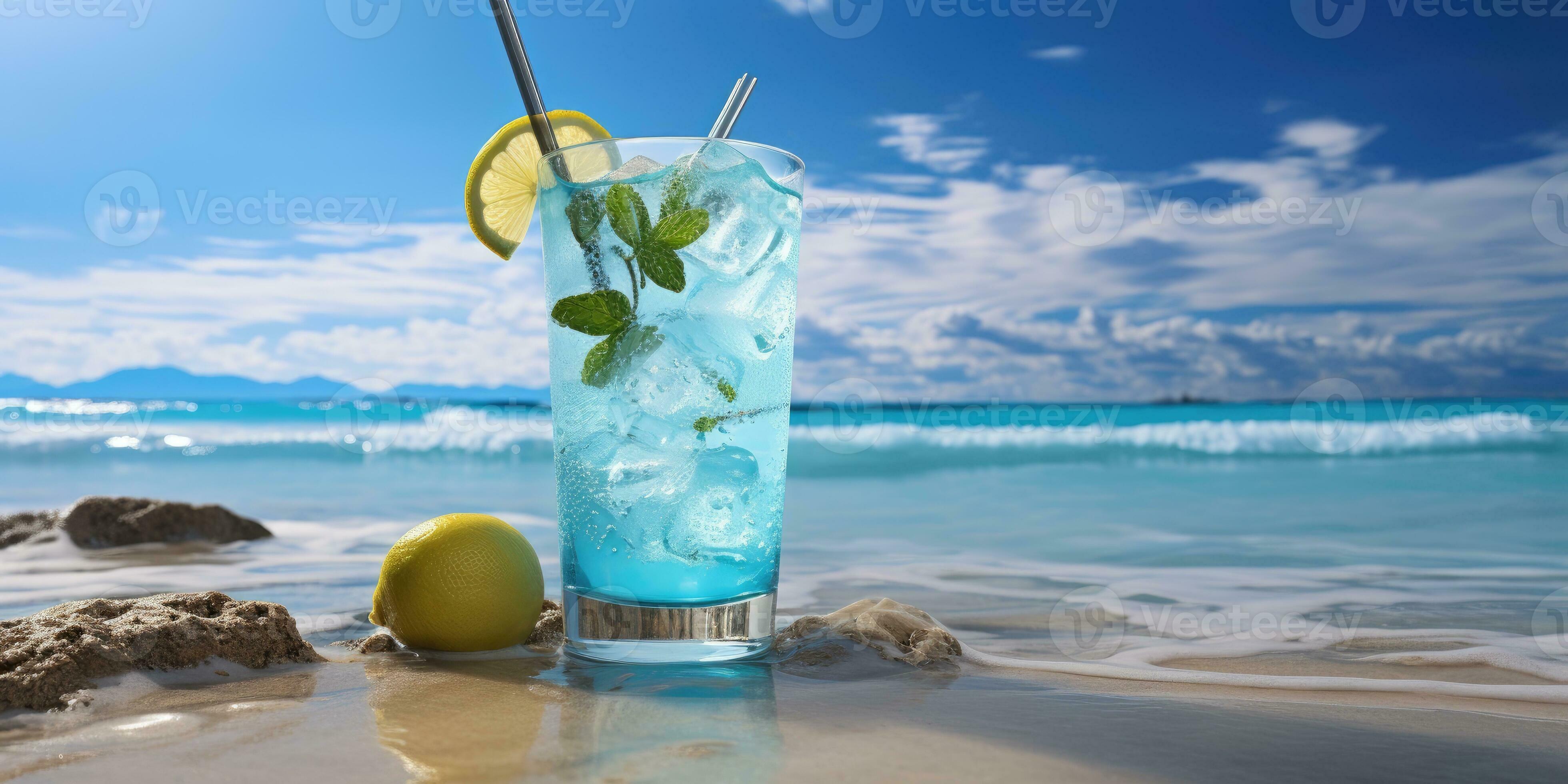 Cocktail on the beach. Blue lagoon with ice. Generative AI 30325332 Stock Photo at Vecteezy
