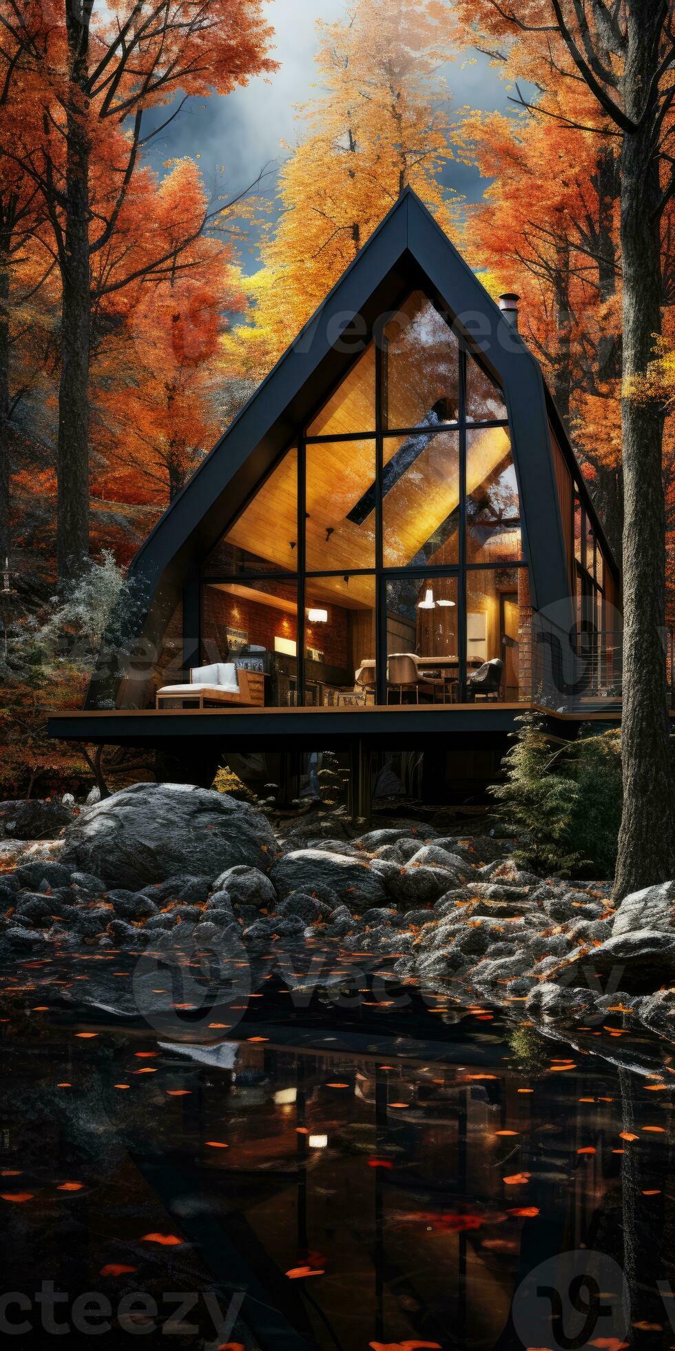 Triangular frame house in the autumn forest. Prefabricated structures ...