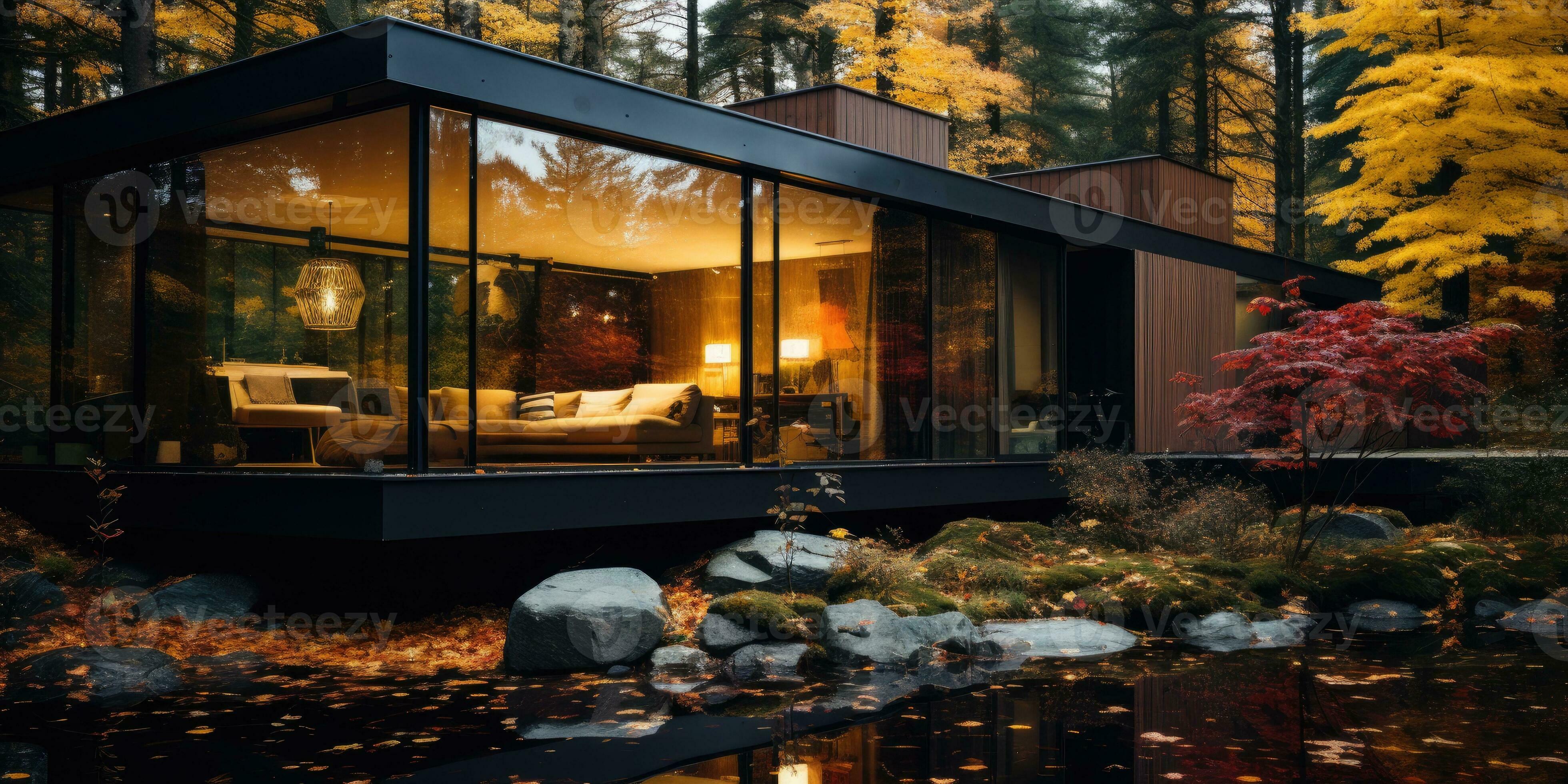 Triangular frame house in the autumn forest. Prefabricated structures ...