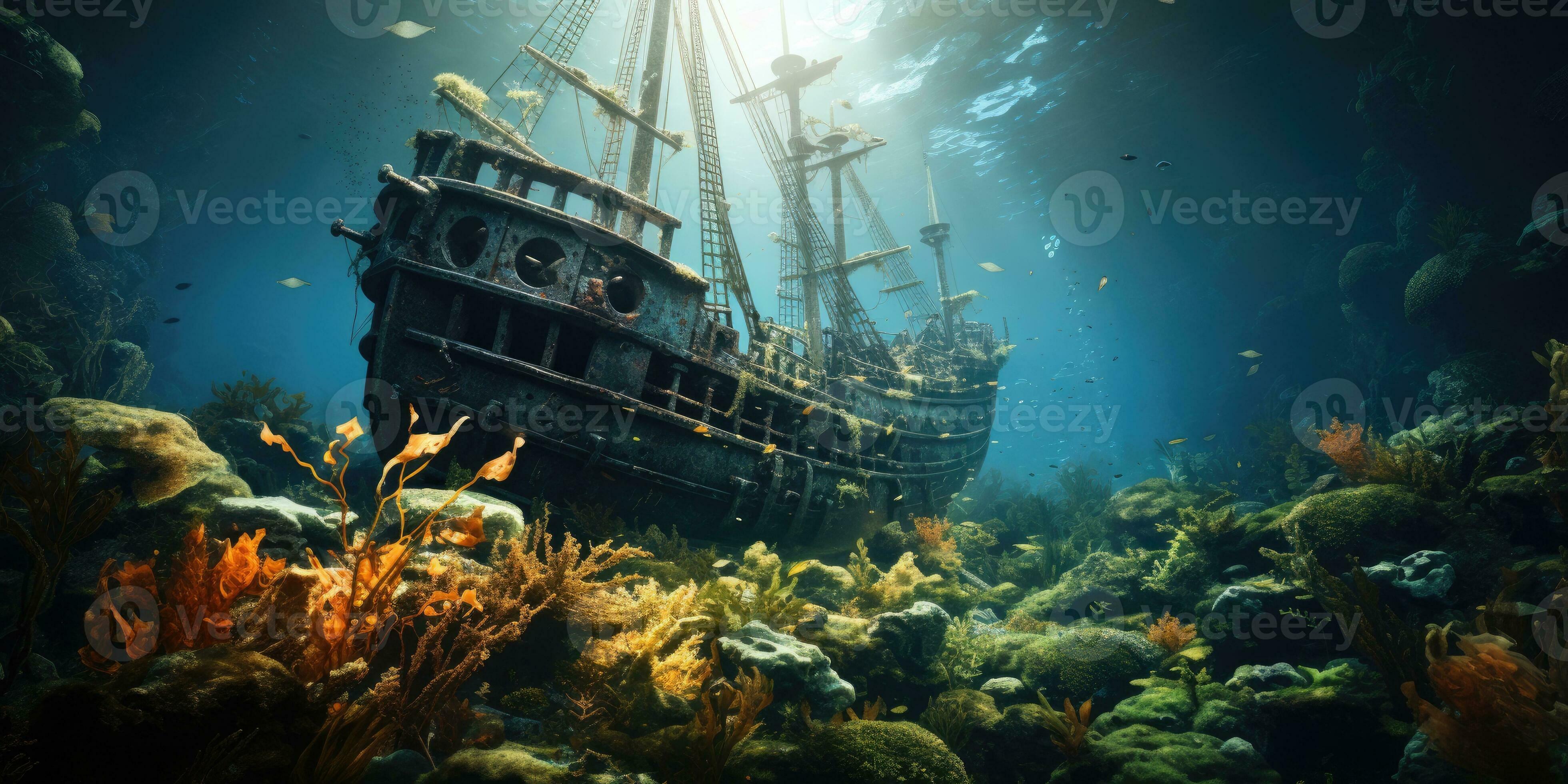 A beautiful photograph of a sunken ship, photo of the underwater world. Generative AI 30329148 ...