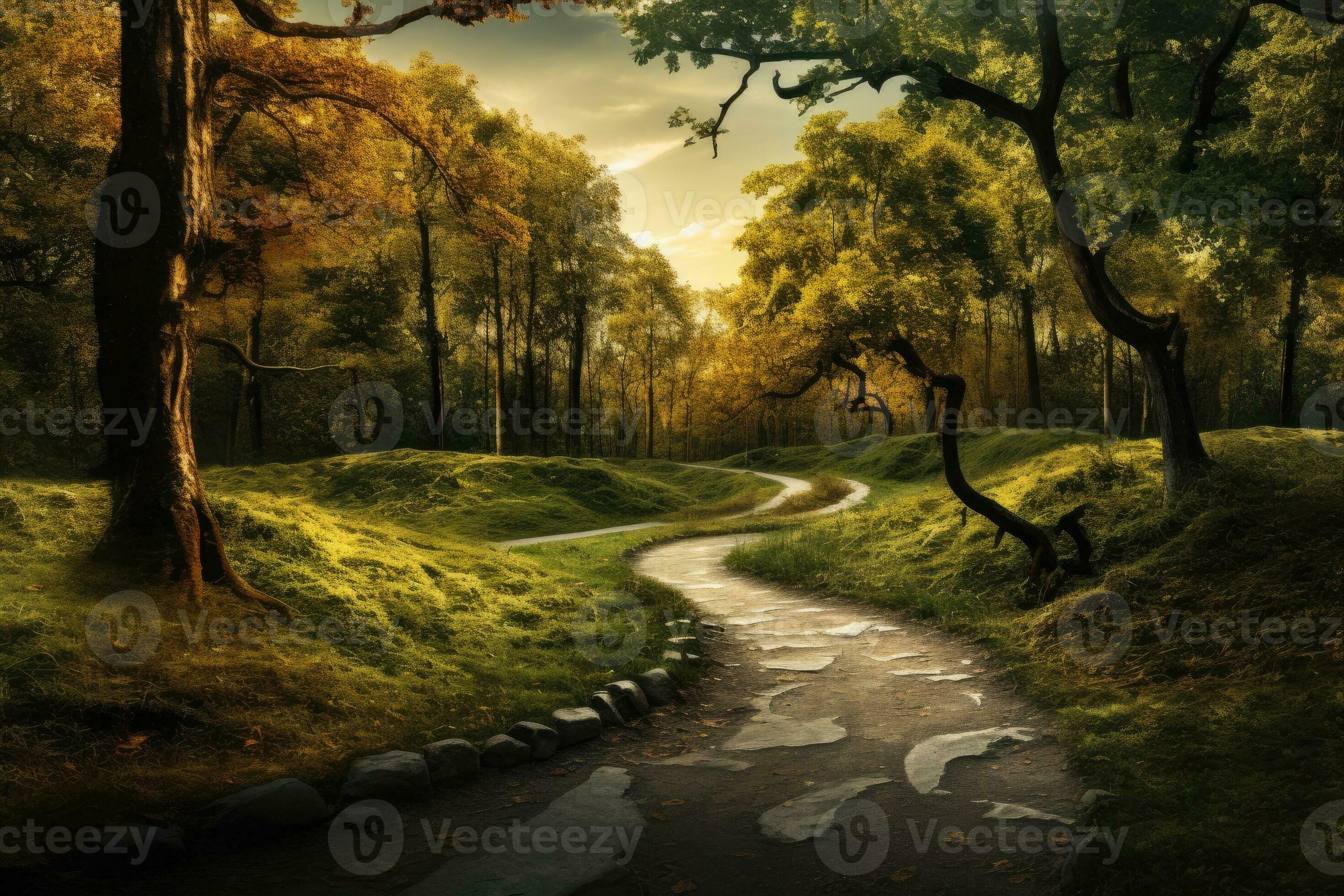 a picturesque forest path leading through a serene natural landscape ...