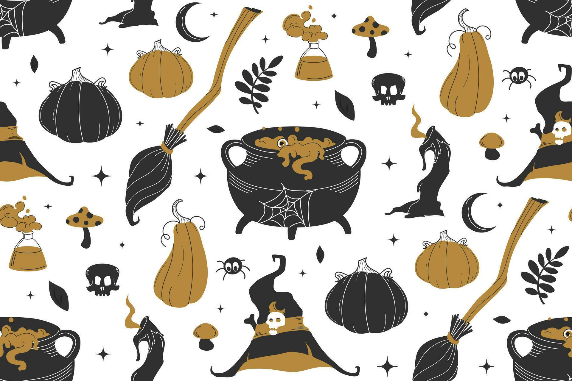 Witch black and gold seamless pattern. Vector flat illustration ...
