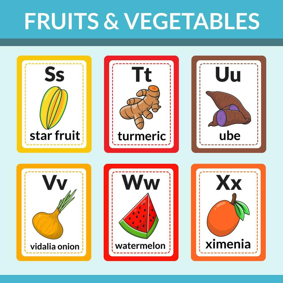 Fruits and vegetables flashcards for introducing alphabets and ...