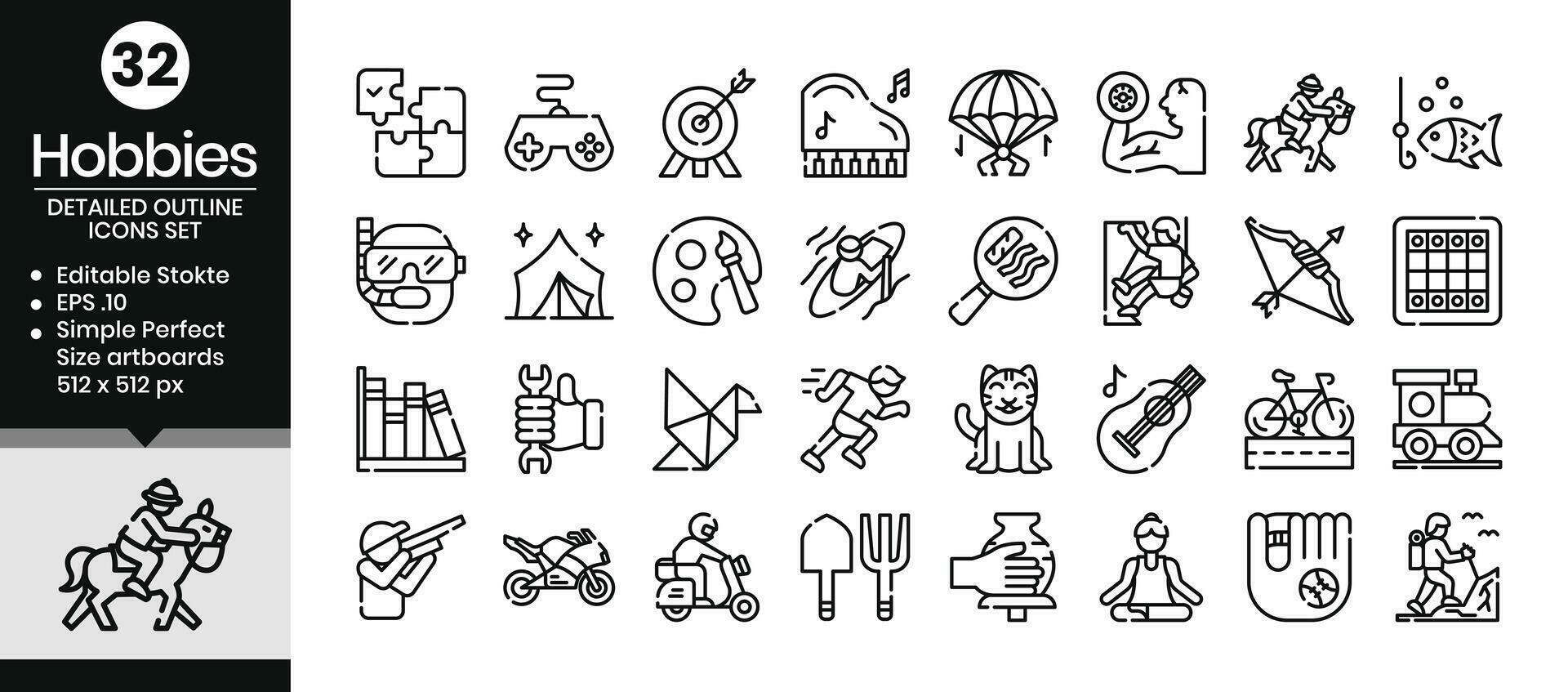 Hobbies outline icons set. The collection includes icons from various ...