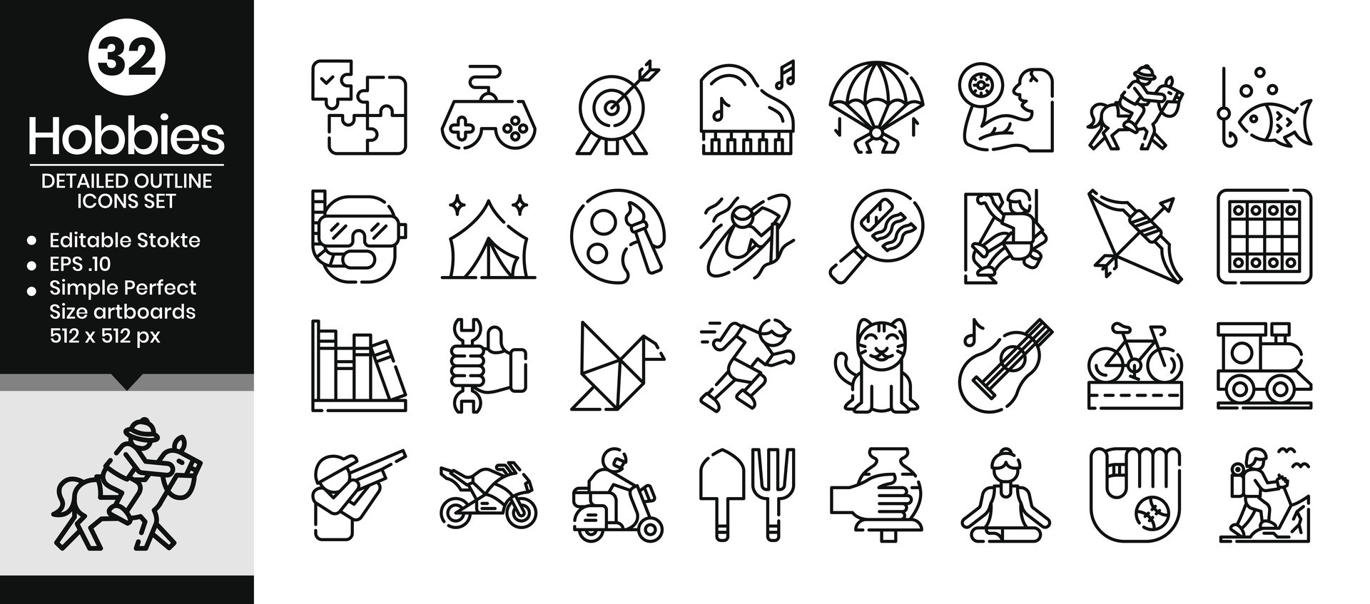 Hobbies outline icons set. The collection includes icons from various aspects related to hobbies ...