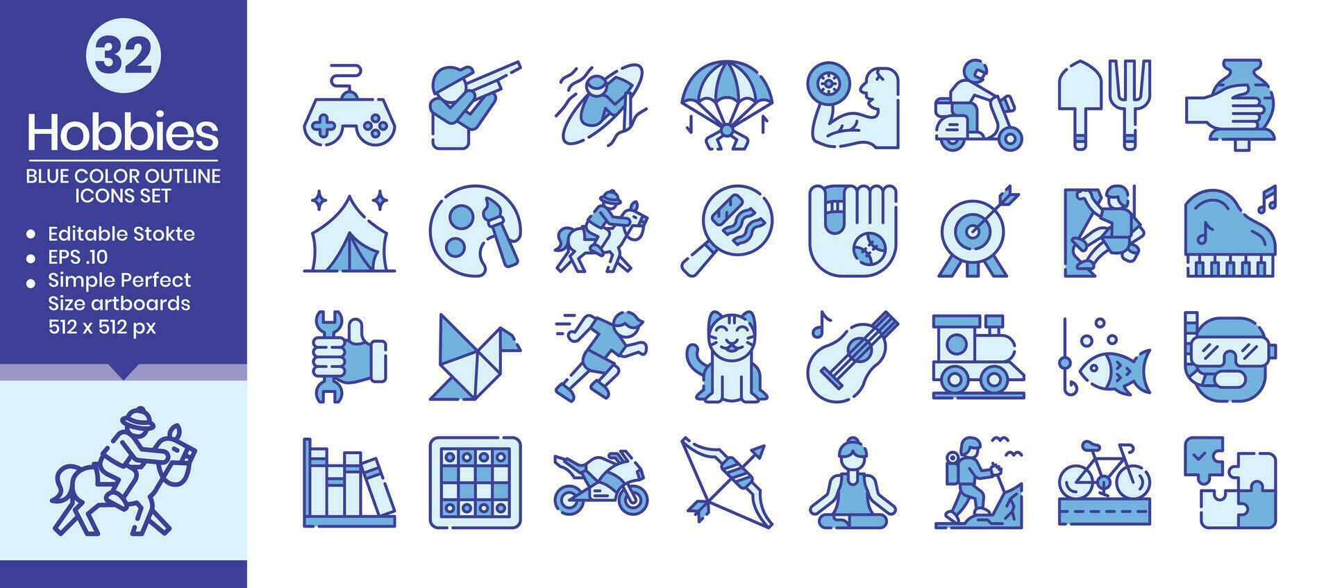 Hobbies blue colored outline icons set. The collection includes icons ...