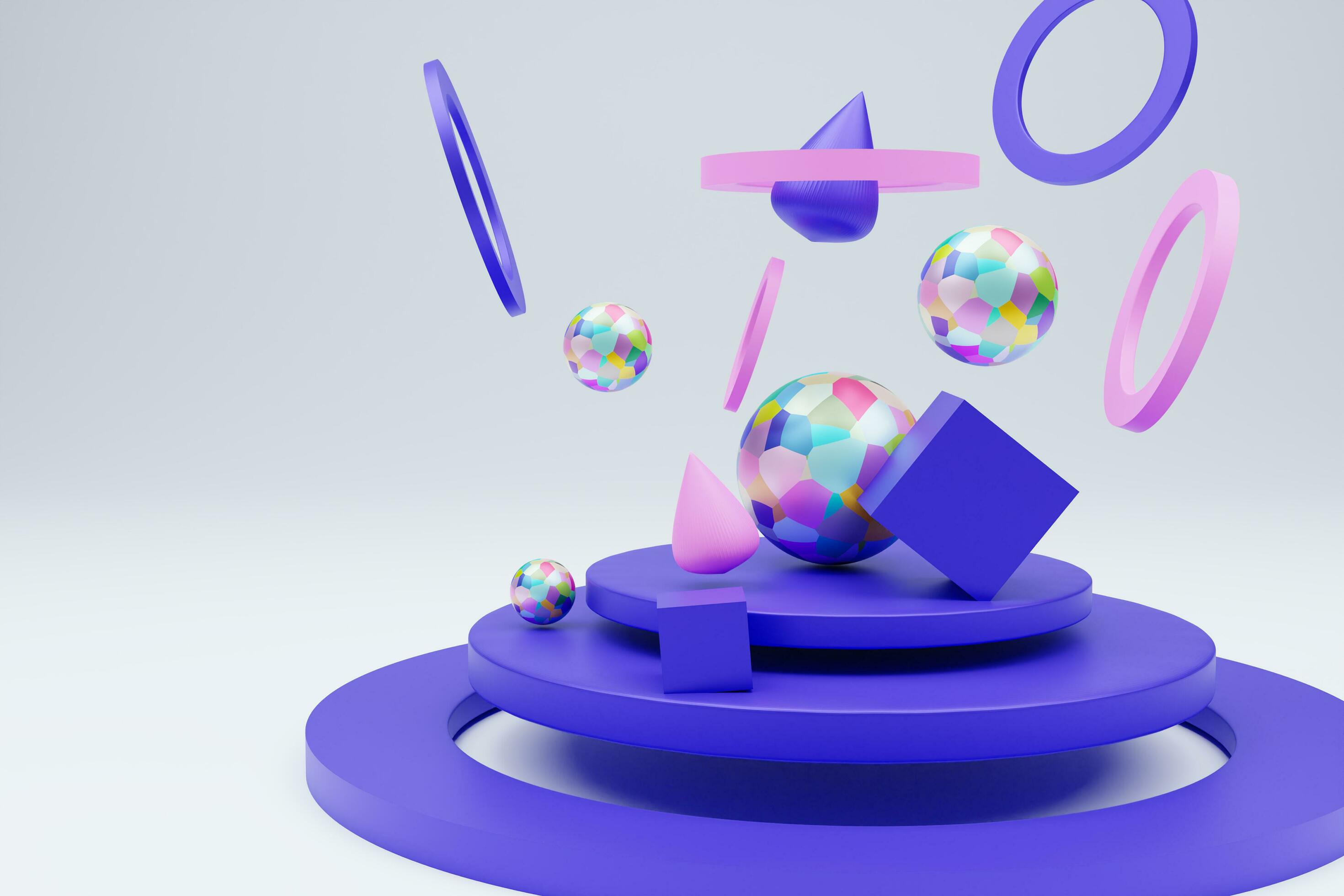 Abstract minimal 3d rendering, blue geometric cylinder background with cubes, objects, forms ...