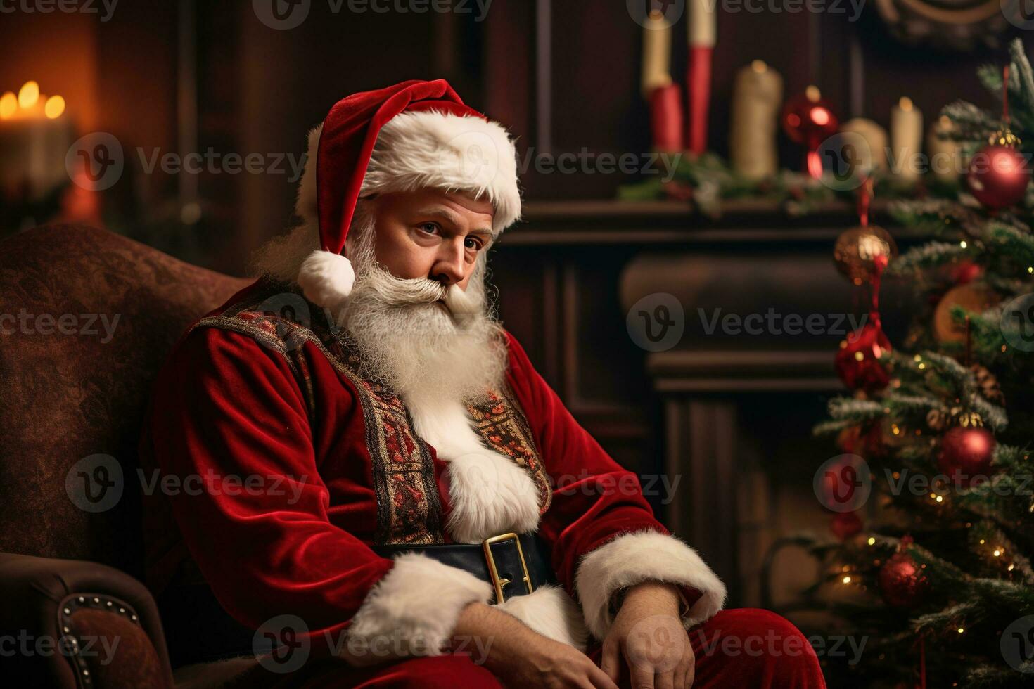 Sad Santa Claus sitting on the background of a Christmas tree ...
