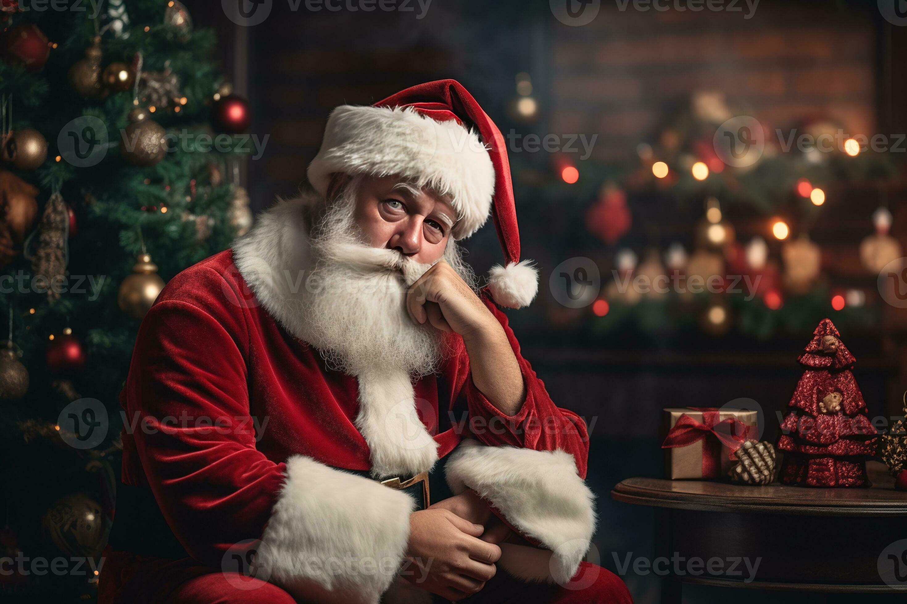Sad Santa Claus sitting on the background of a Christmas tree ...