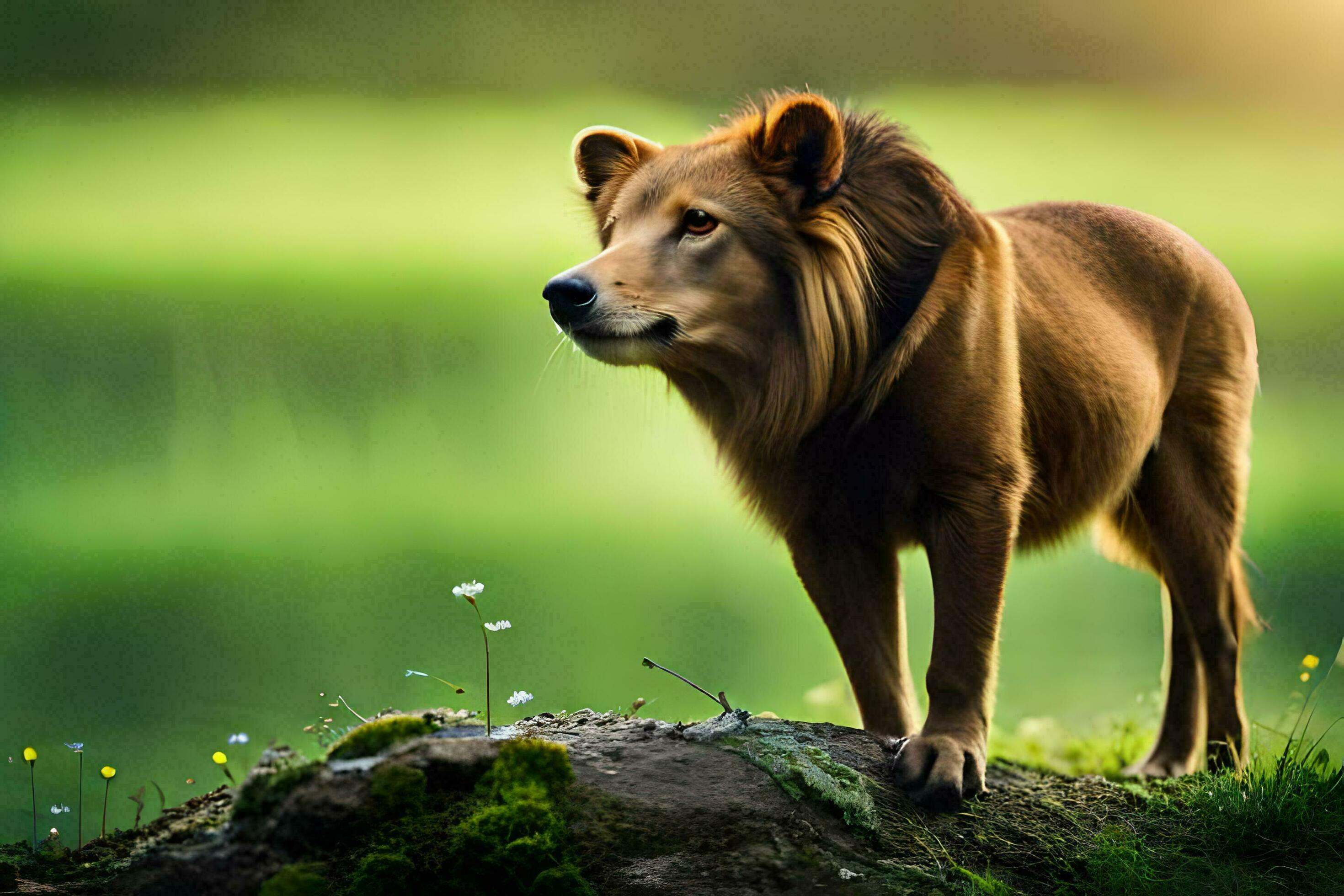 a lion standing on a rock in the grass. AI-Generated 30361814 Stock Photo at Vecteezy