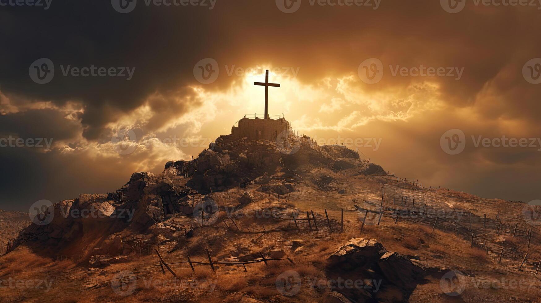 Apocalypse, Holy cross with the sky above Golgotha hill covered with light and clouds ...