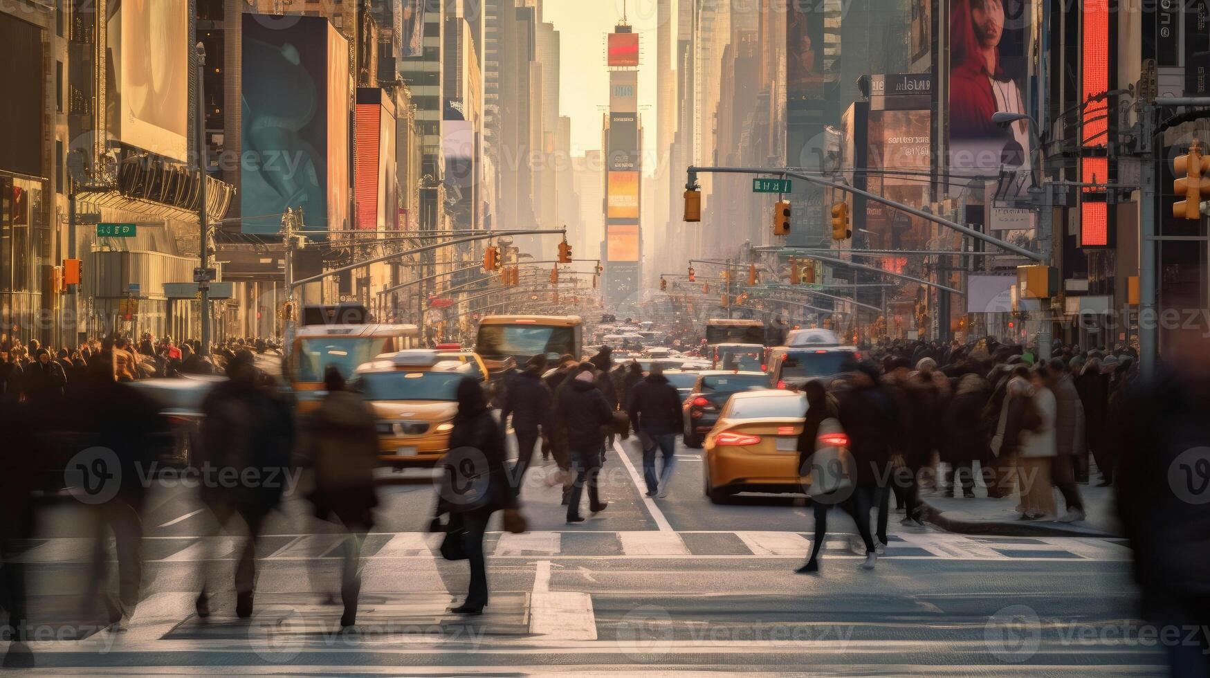 Blurred Busy street scene with crowds of people walking across an intersection in New York City ...