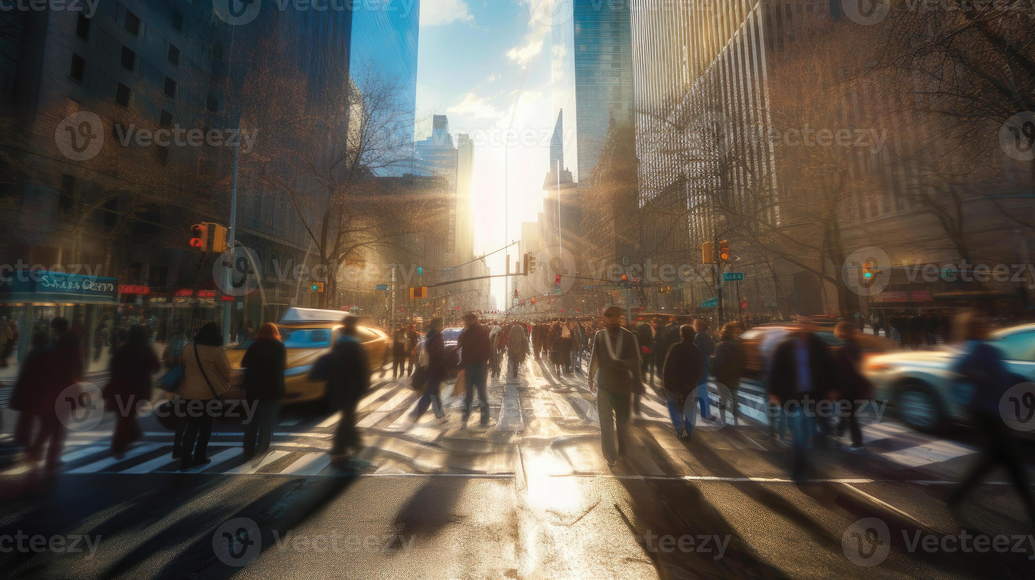 Blurred Busy street scene with crowds of people walking across an intersection in New York City ...