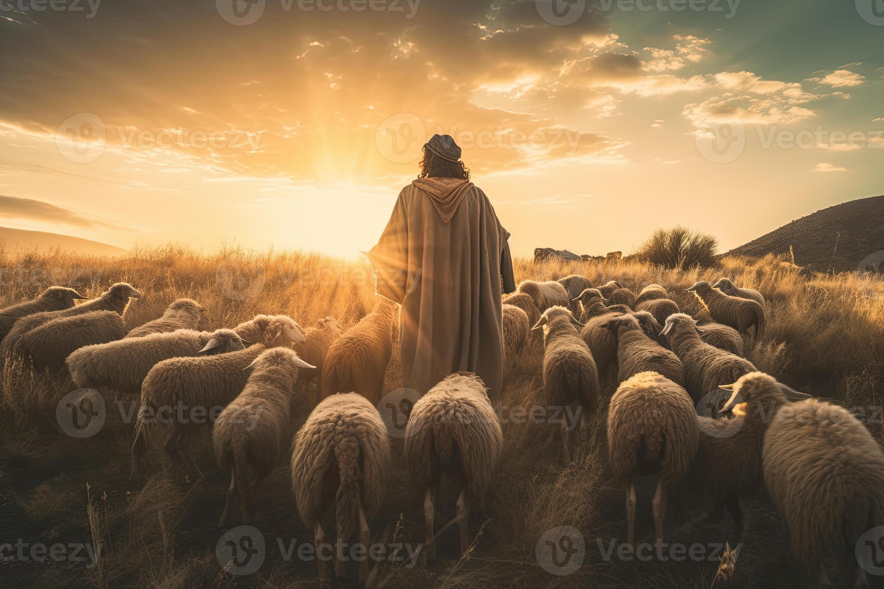 A bible jesus shepherd with his flock of sheep during sunset ...