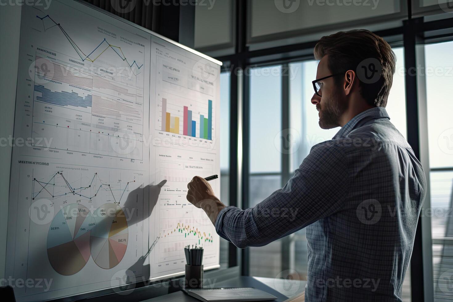A Businessperson presenting and evaluating data chart in the office ...