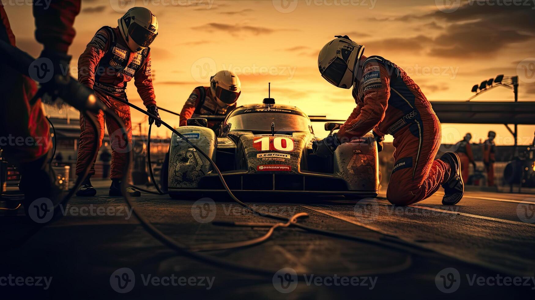 Professional pit crew ready for action as their team's race car arrives in the pit lane during a ...
