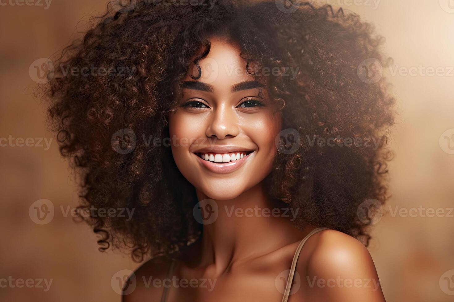 Beautiful African American Girl With An Afro Hairstyle Smiling At Beige