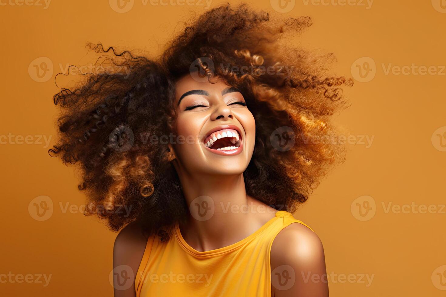 Beautiful African American Girl With An Afro Hairstyle Smiling At Beige
