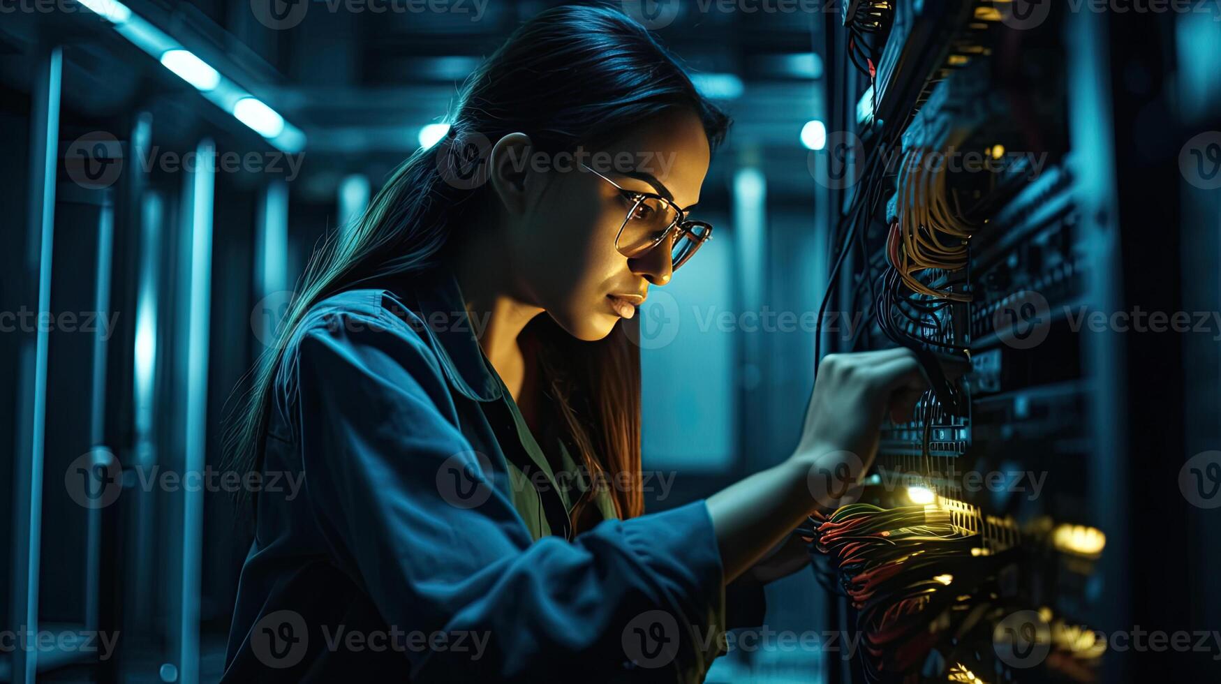 A Female Network Engineer Connecting Cables In Server Cabinet While Working With Supercomputer