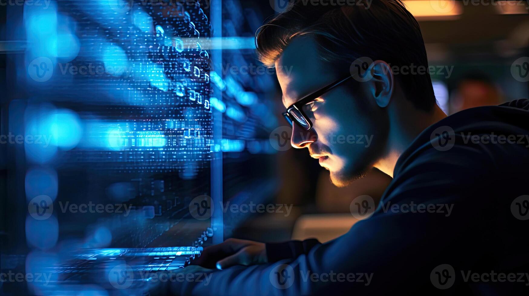 Close-up of Software Engineer Working on Computer, Line of Code Reflecting in Glasses ...