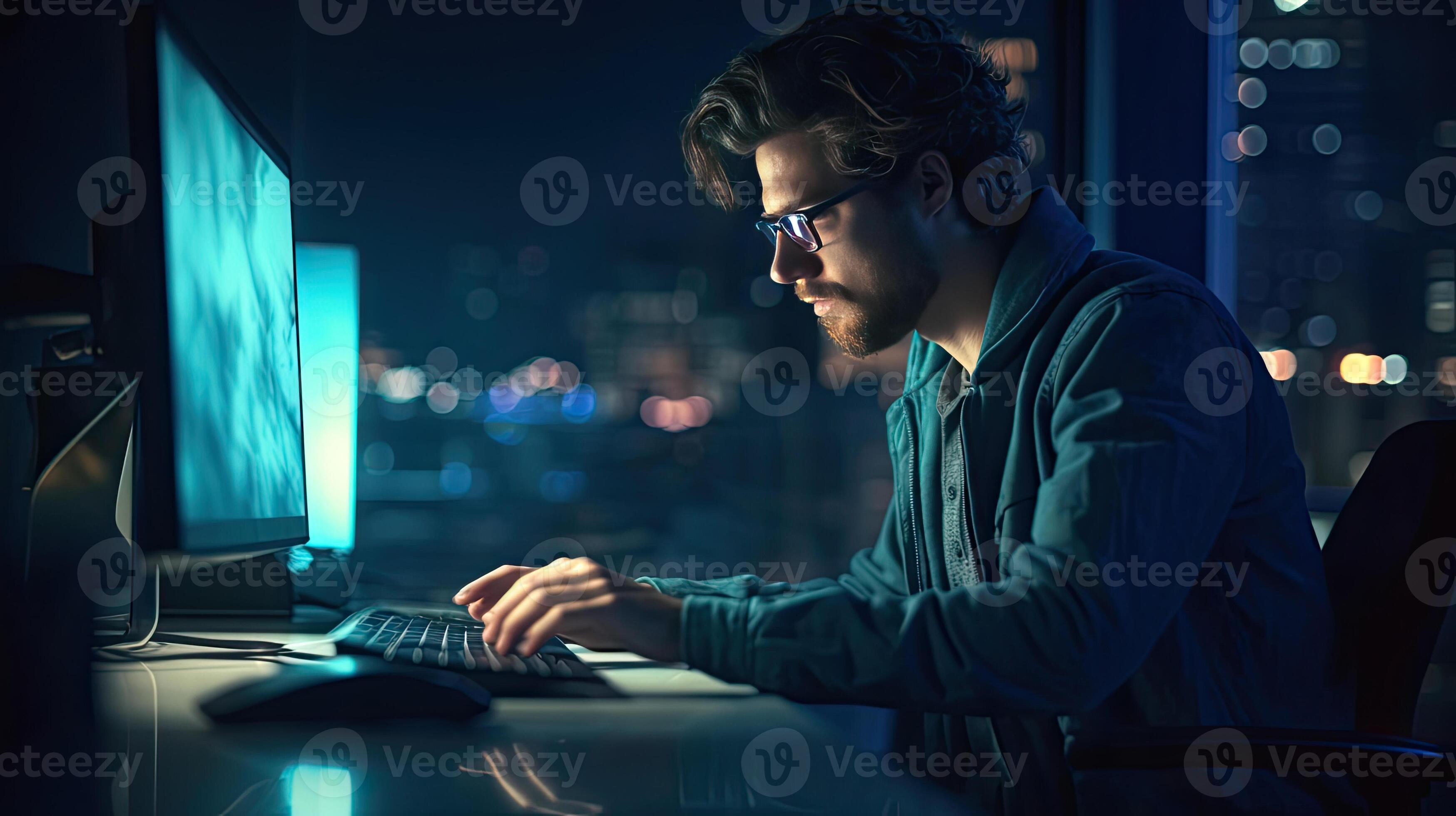 A Young Man Programmer Writing Code On The Keyboard In The Office Space