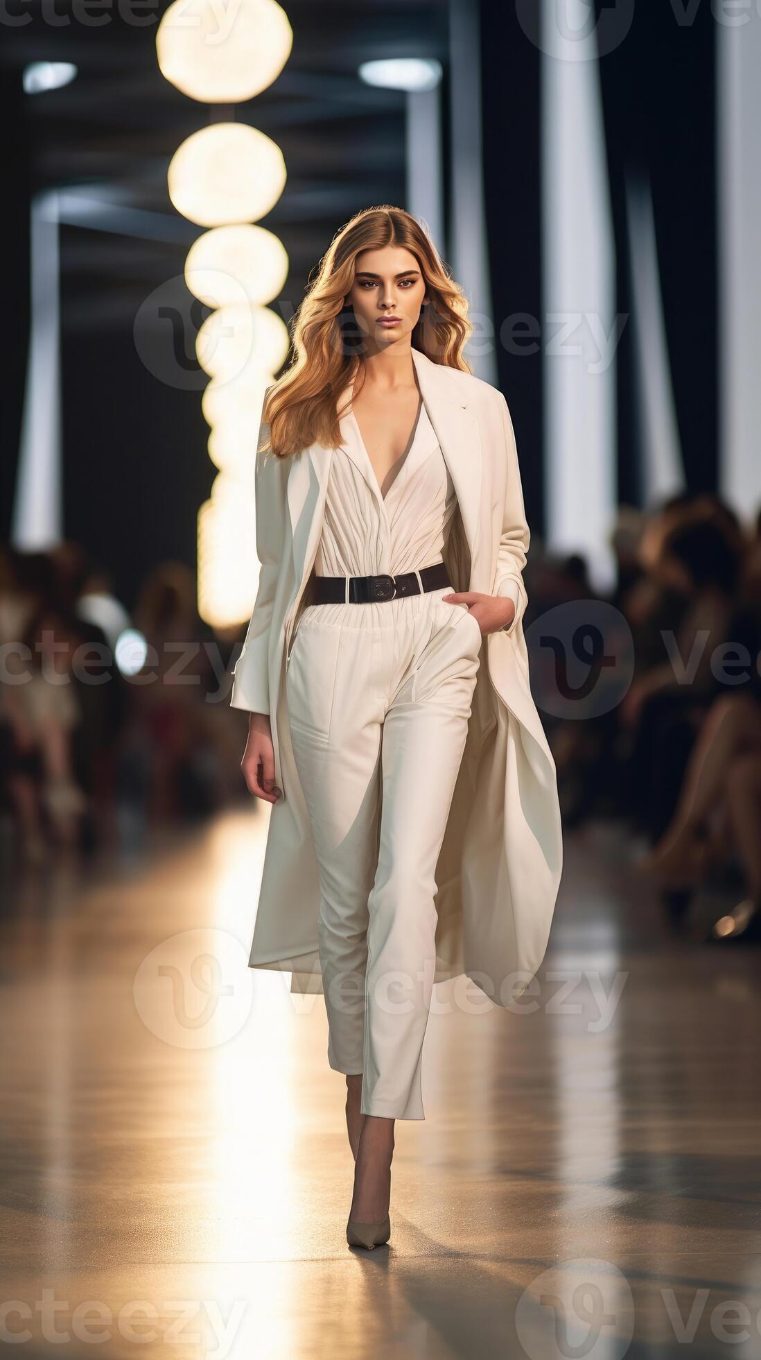 Fashion show beautiful young woman model walking on runway. Generative ...