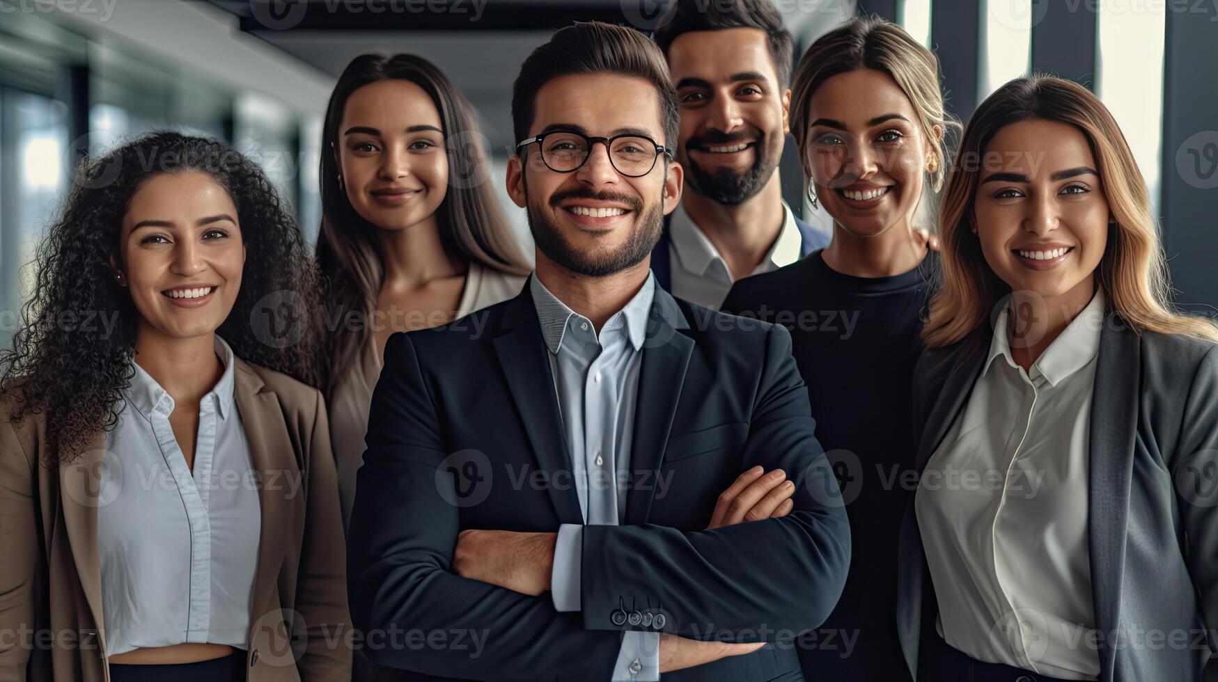 retrato grupo de contento multirracial compañeros de trabajo en pie juntos a moderno oficina ...