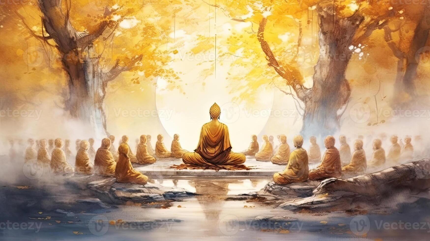 Buddha Enlightenment meditating sitting with crowd of monk under bodhi tree. Makha Bucha Day ...