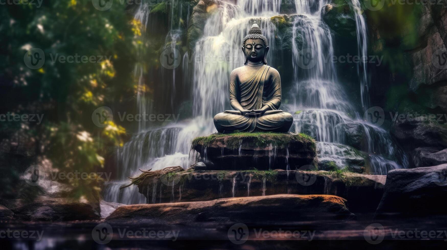 Meditating buddha on a rock at the waterfall in nature. Generative Ai 30402160 Stock Photo at ...