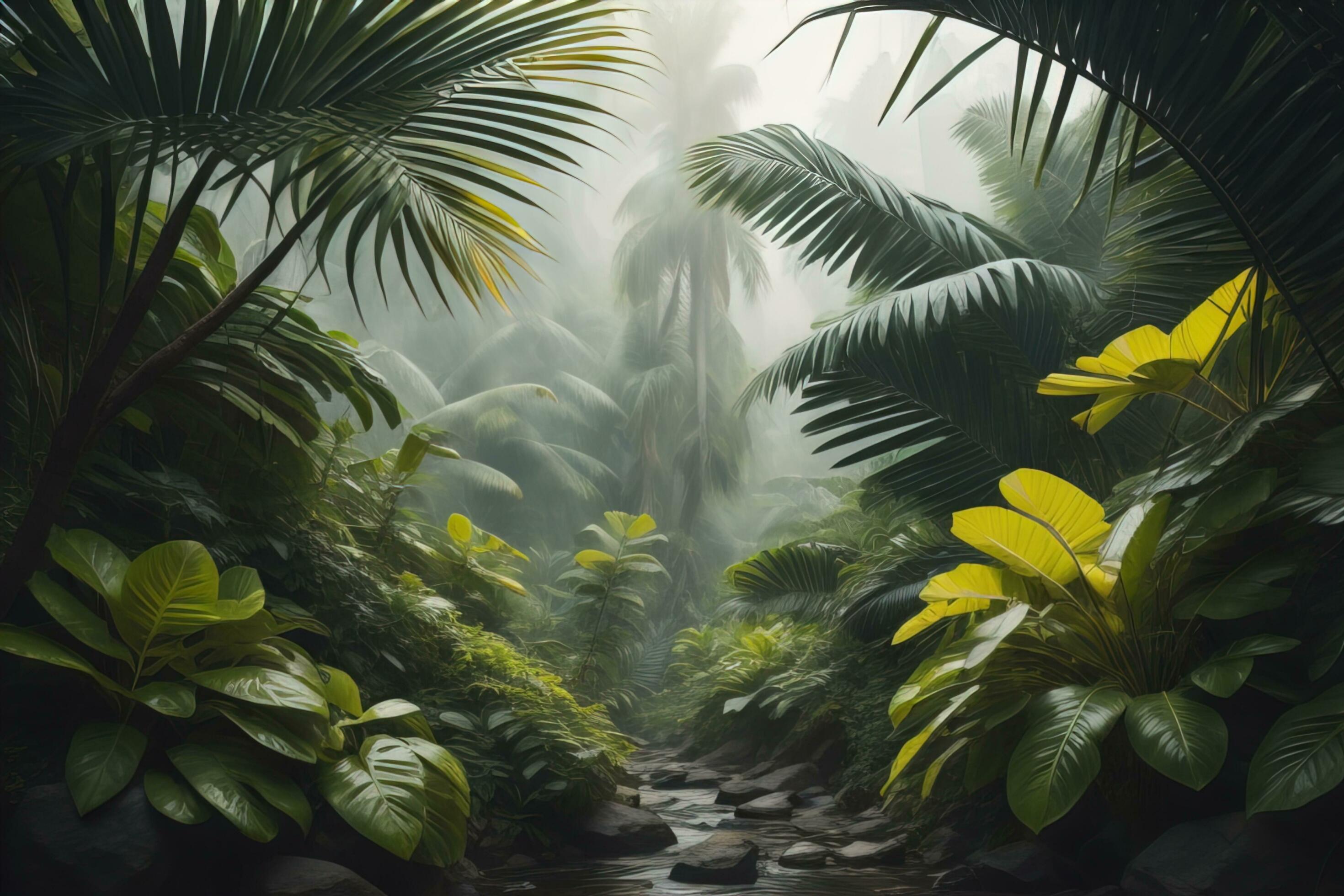 A pathway in tropical rainforest with palm trees and path in the mist ...