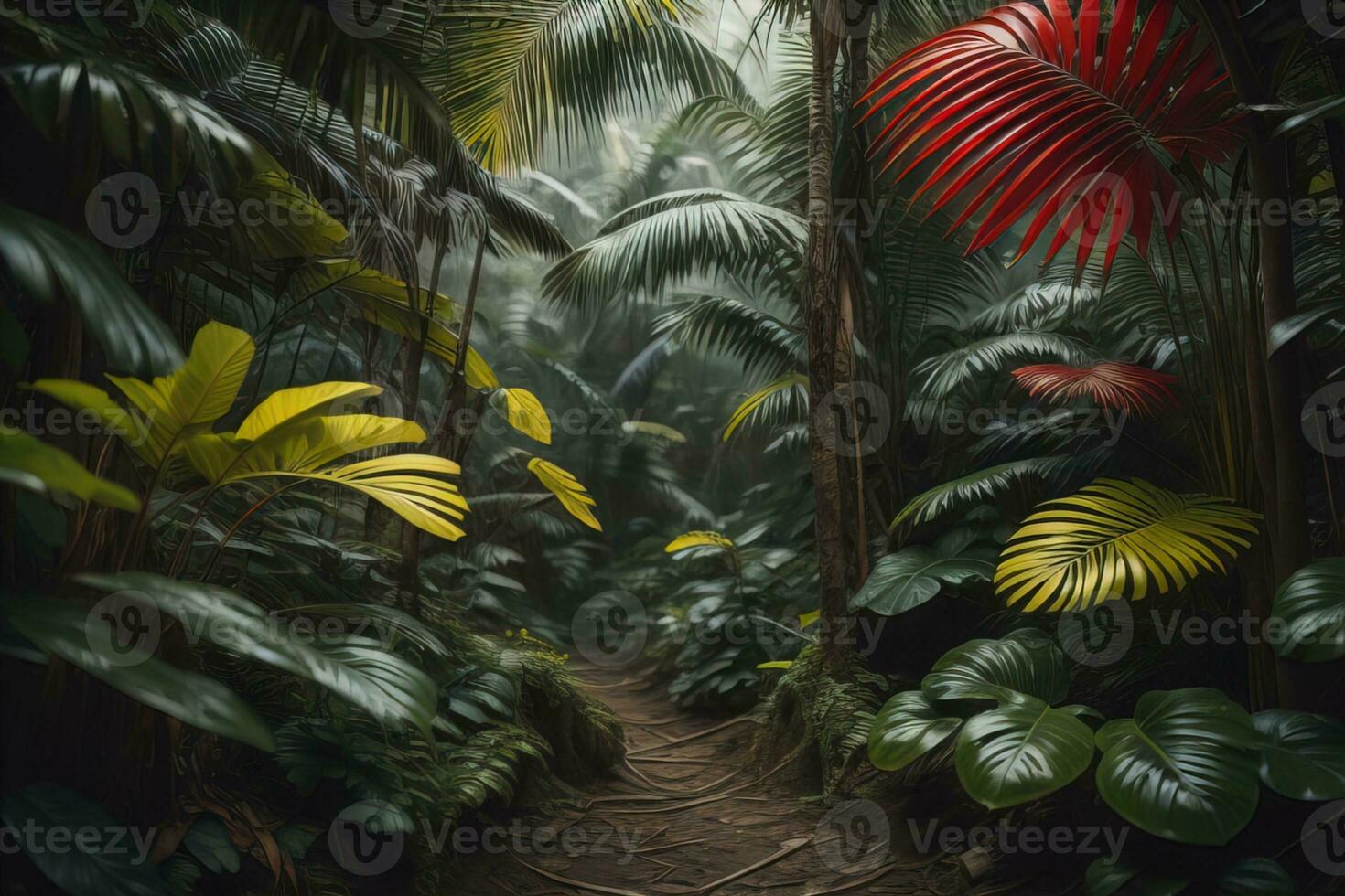 A pathway in tropical rainforest with palm trees and path in the mist ...