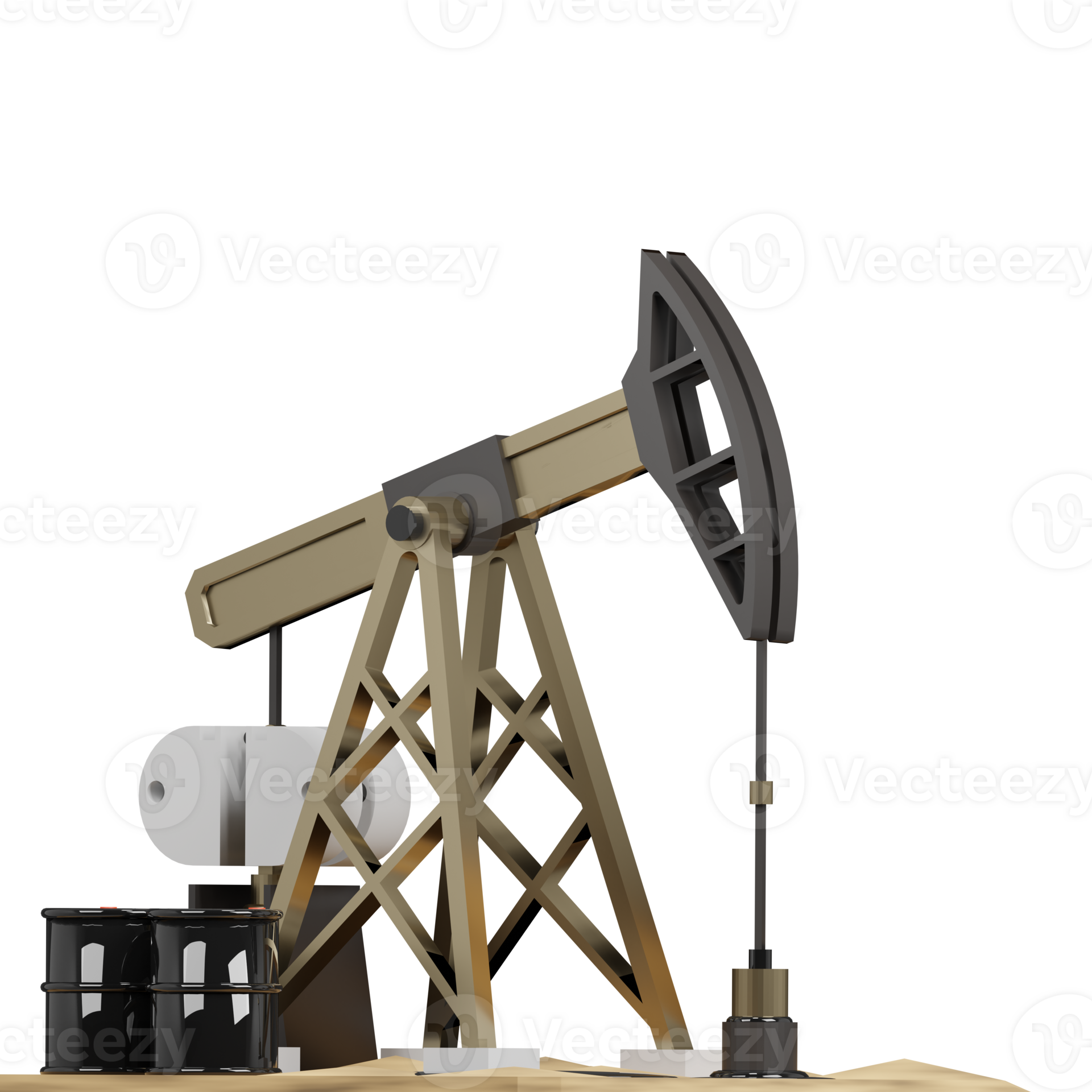 3D rendering of oil rig extracting liquid oil from well in developed field front view ...