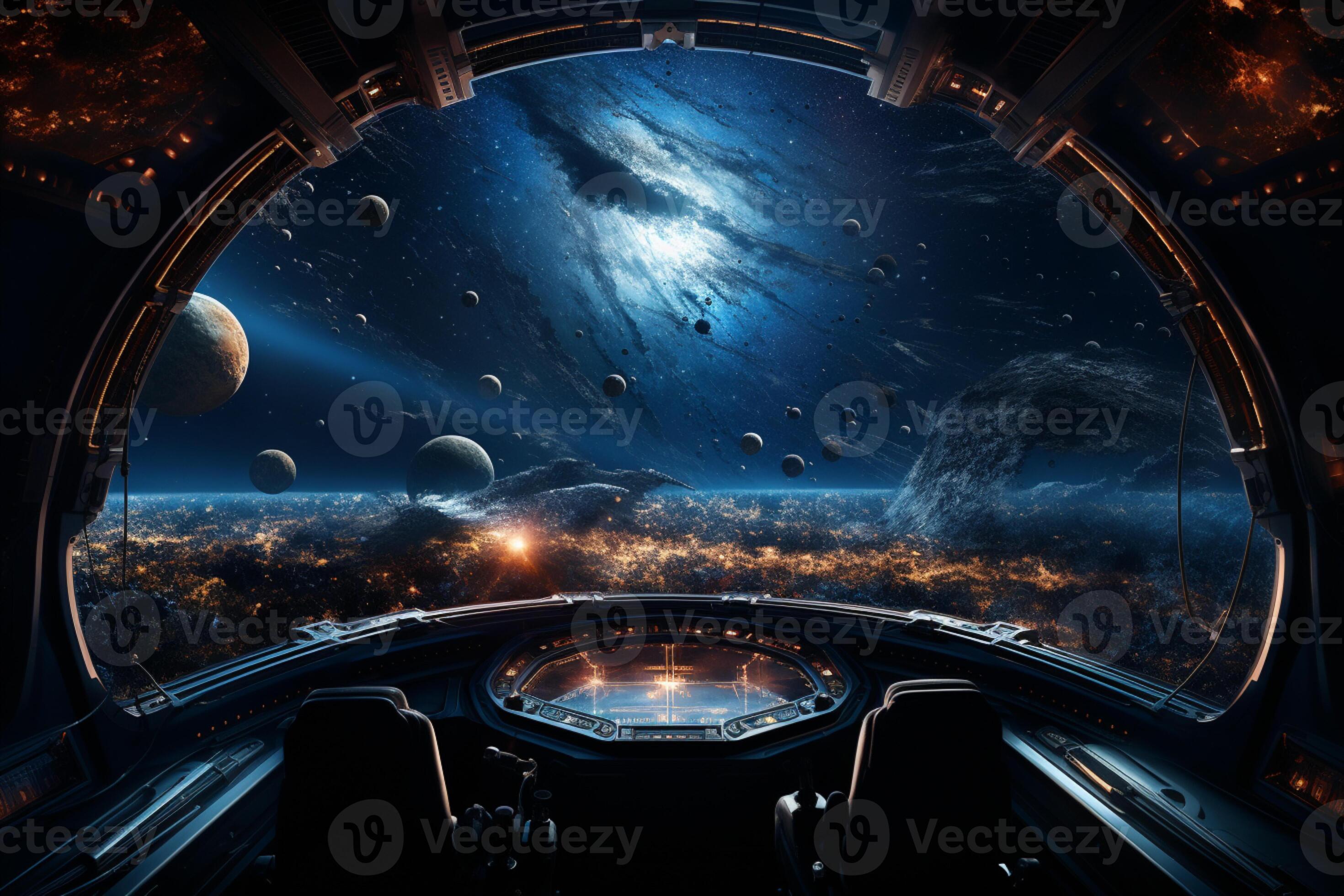 Futuristic Cockpit of spaceship control system room with planets view scenery, Outer space ...