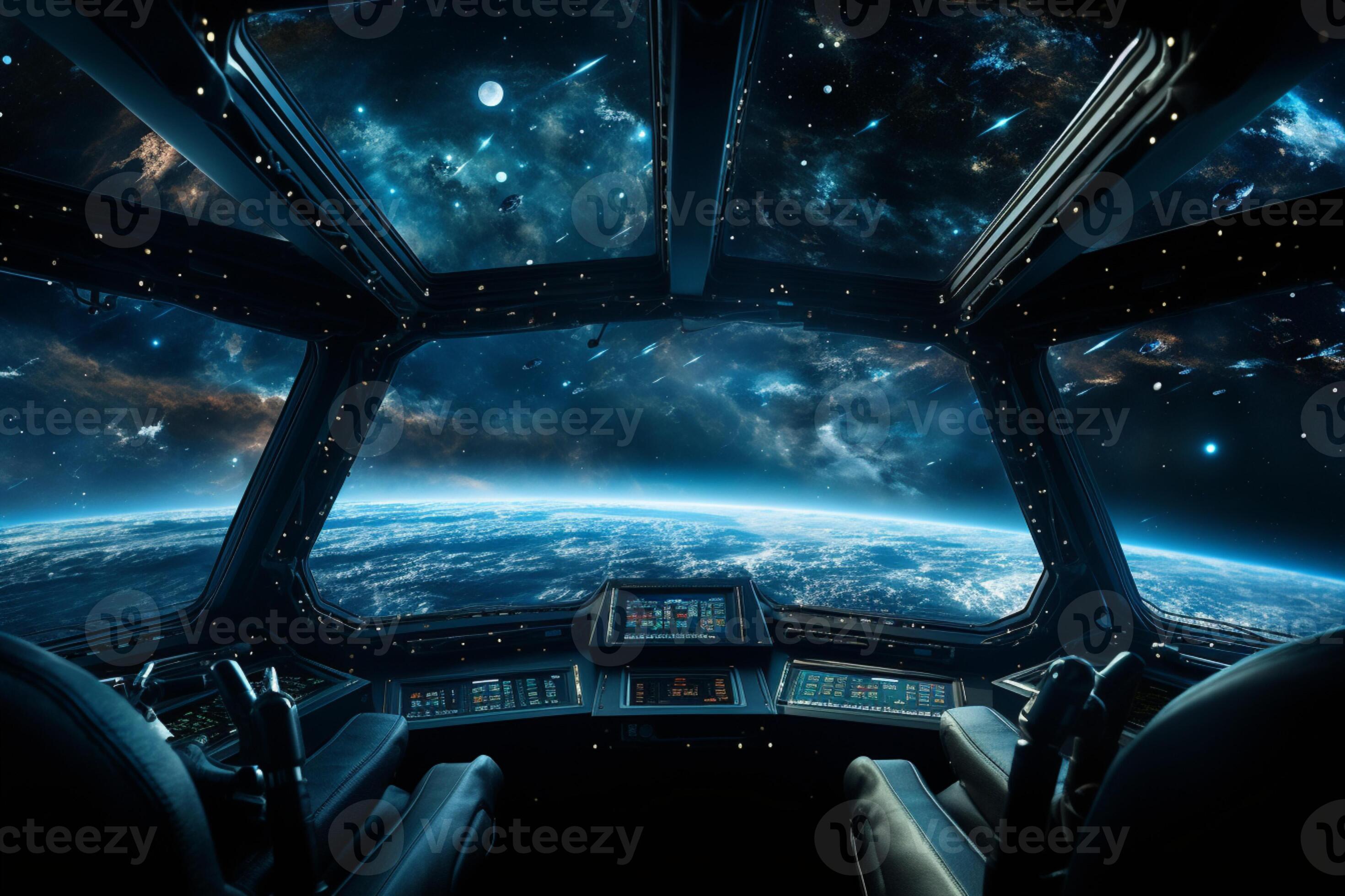 Futuristic Cockpit of spaceship control system room with planets view scenery, Outer space ...