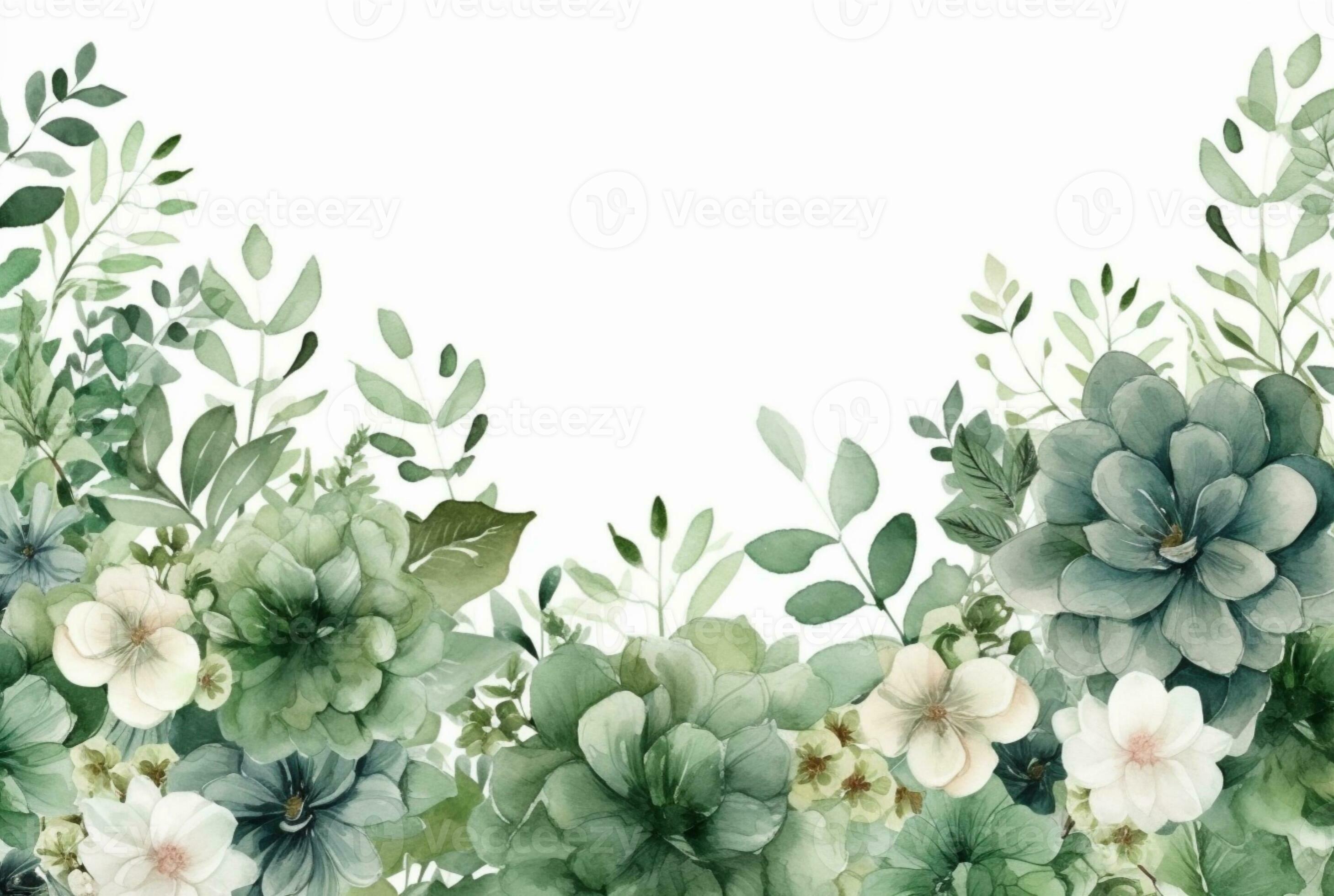 seamless watercolor floral border with green leaves on white background ...
