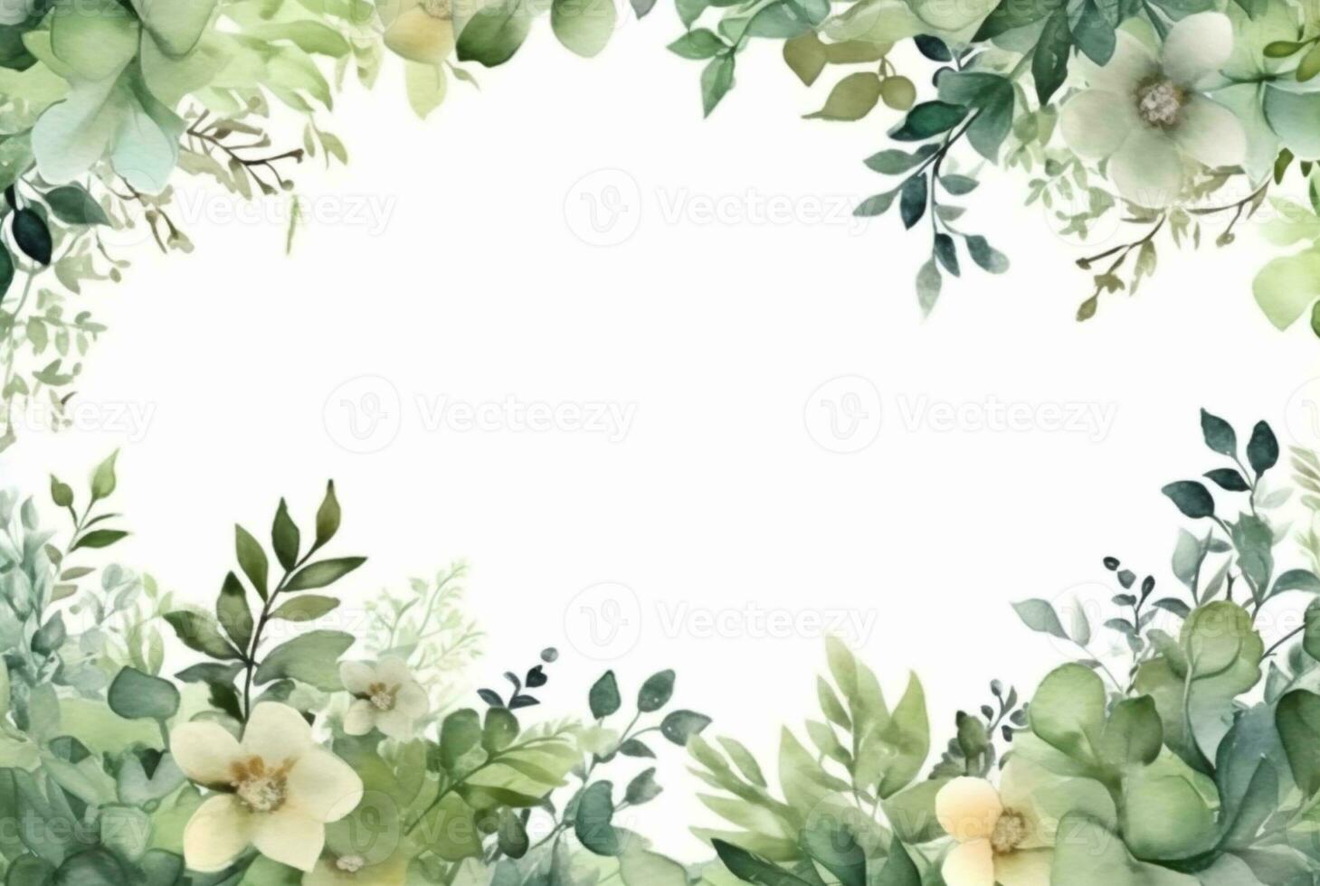 seamless watercolor floral border with green leaves on white background ...