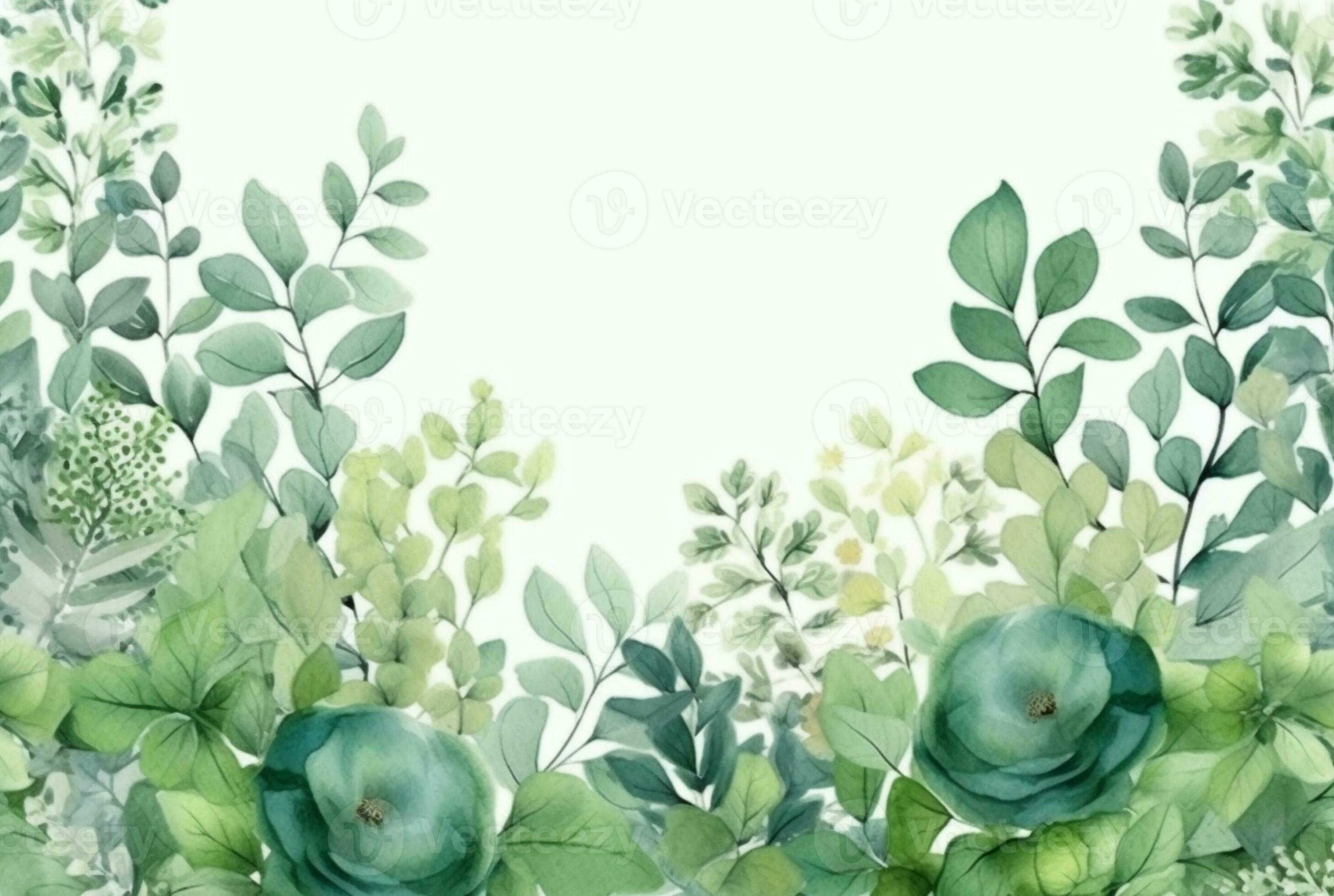seamless watercolor floral border with green leaves on white background ...