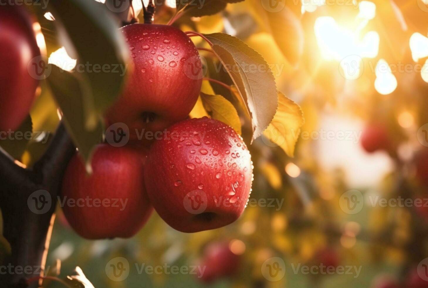 closeup of fresh red apples on a tree with bokeh and sunlight in the ...