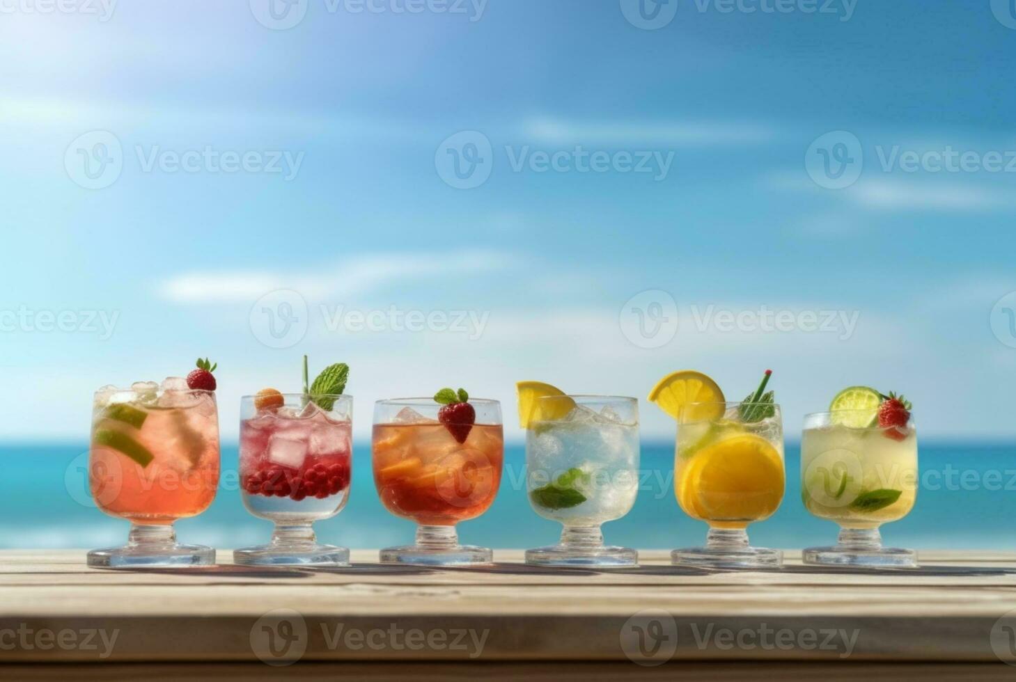 assorted summer cocktails on a wooden table with a beautiful beach setting. generative ai ...