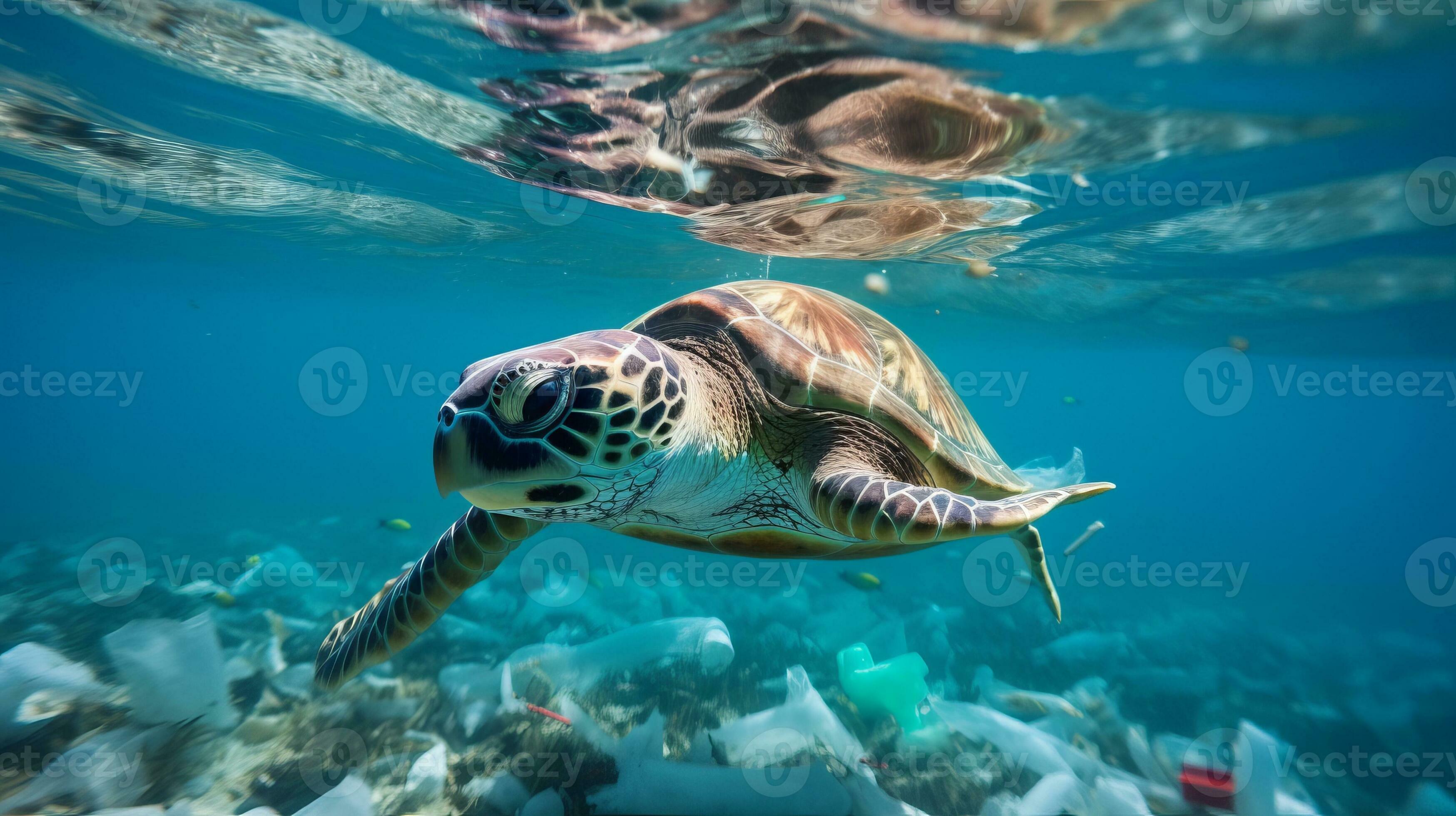 Sea turtle ingesting plastic particles in the ocean. Generative AI ... Sea turtle ingesting plastic particles in the ocean. Generative AI ...