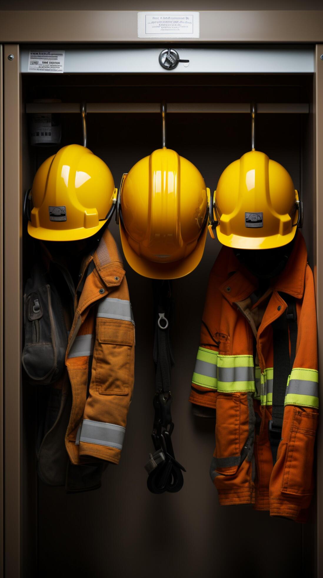 Frontal closet view Hard hat and headphones hanging harmoniously side by side. Vertical Mobile ...