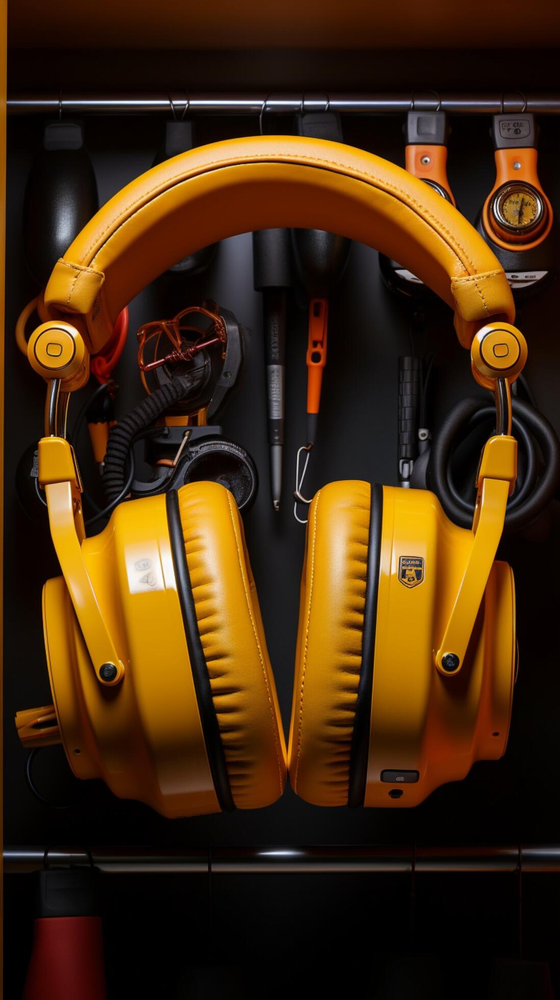 Frontal closet view Hard hat and headphones hanging harmoniously side by side. Vertical Mobile ...
