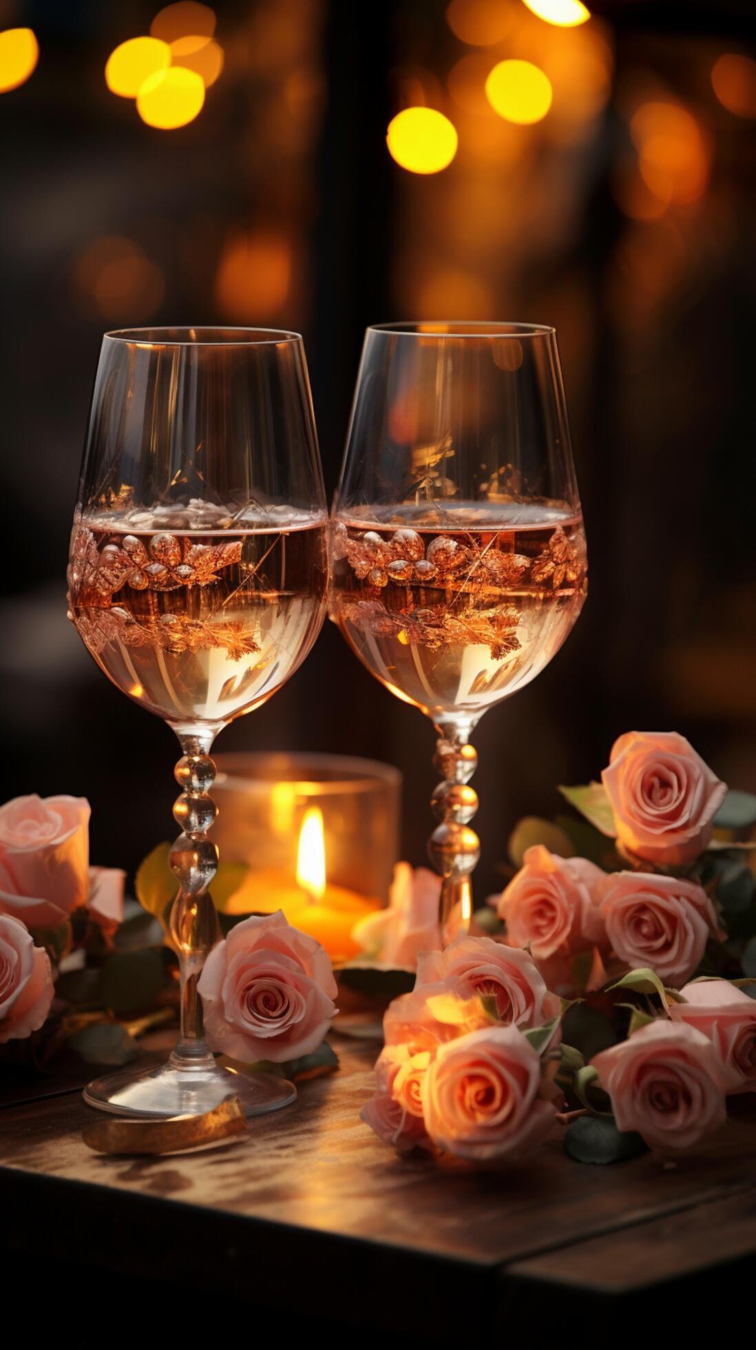 Romantic Ambiance Wine Glasses Candles And A Rose Vertical Mobile Wallpaper Ai Generated