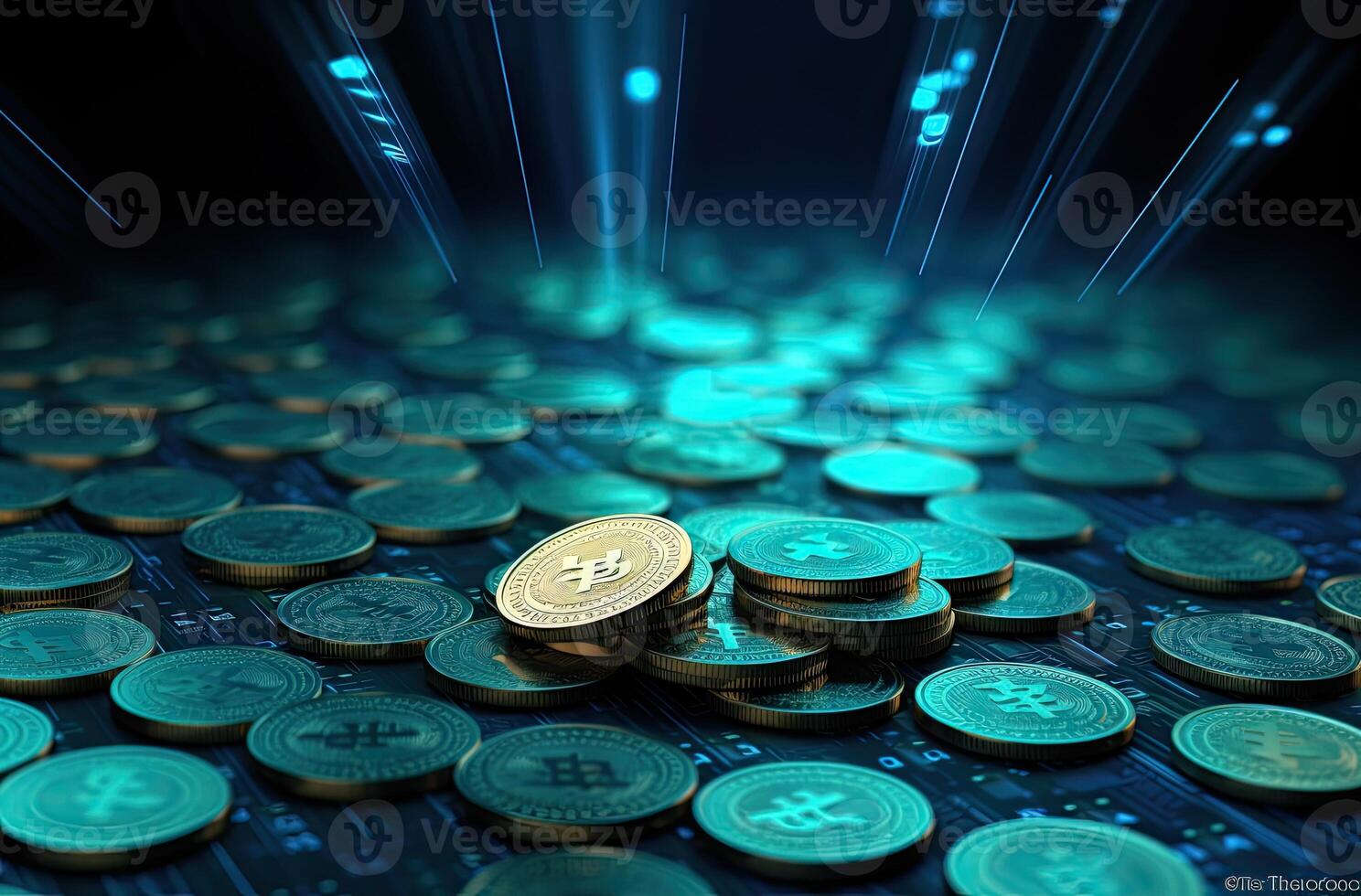 3d illustration of golden bitcoins over blue background with binary code. . 30468909 Stock Photo ...